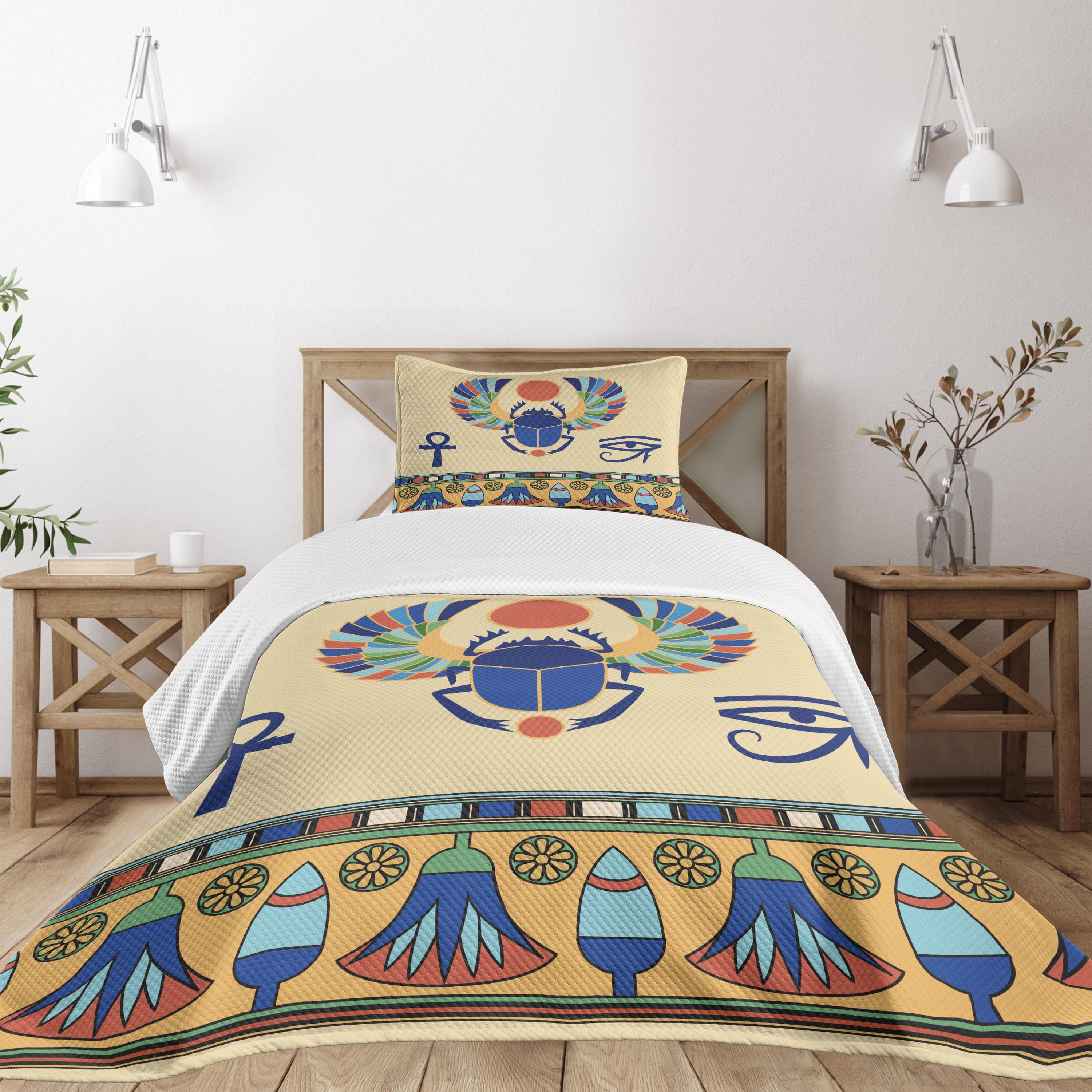 Ambesonne Egyptian Quilted Bedspread Set 2 Pcs, Scarab Eye Motif, Twin ...