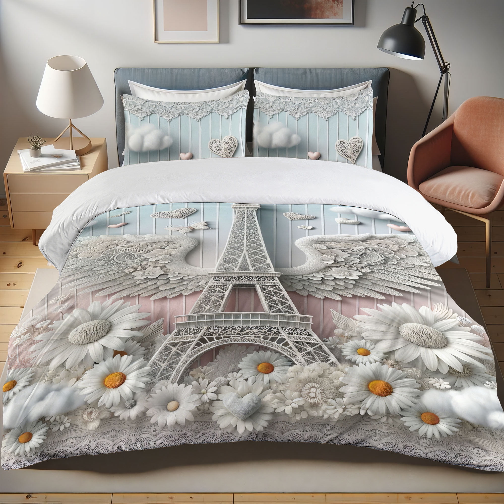 Ambesonne Eiffel Tower Duvet Cover Set, Dreamy Paris and Wings, Queen, Soft Blue Blush Pale Grey ...