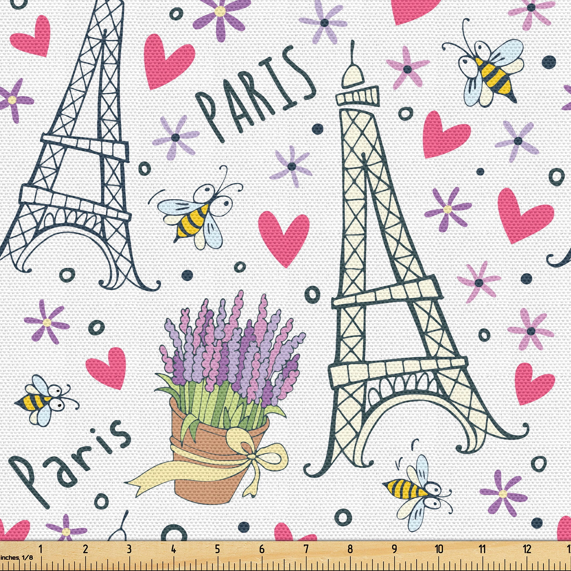 Ambesonne Eiffel Tower Fabric by the Yard Upholstery, Romantic Doodle ...