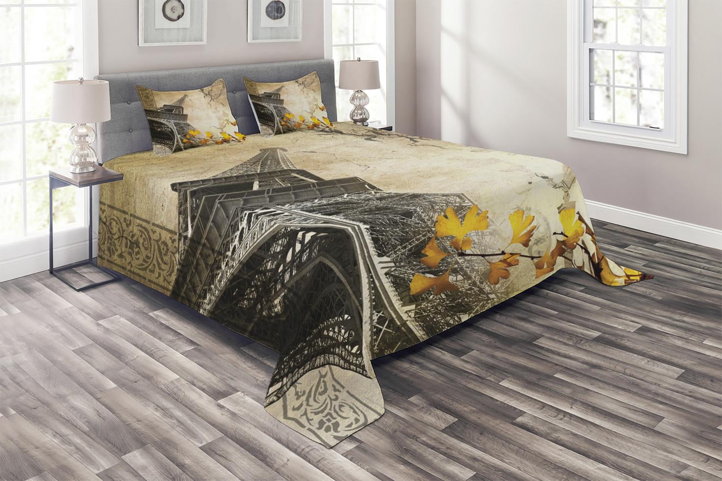 Ambesonne Eiffel Tower Quilted Coverlet 3 Pcs, Romantic Love Fall ...