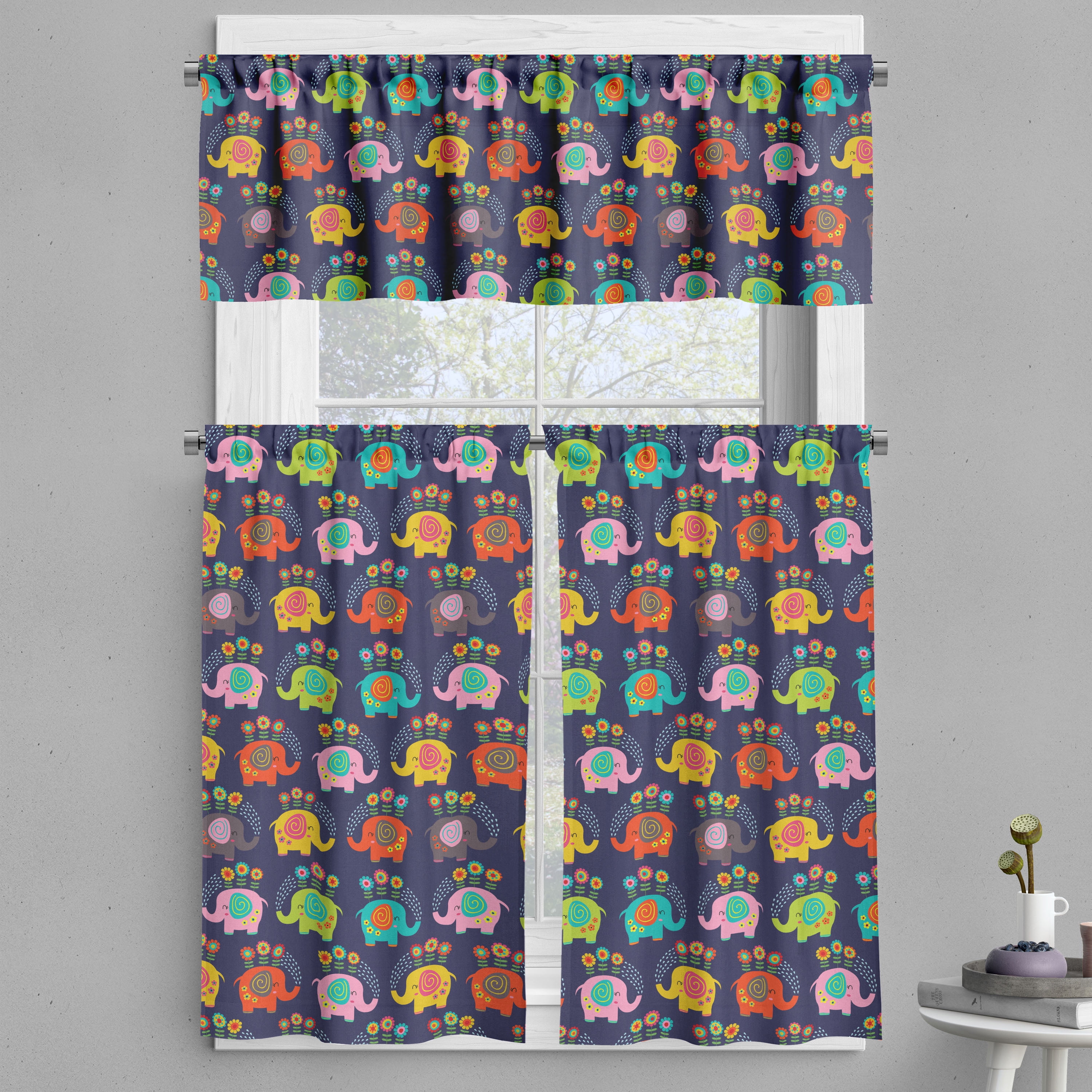 Ambesonne Elephants Valance & Curtain, Floral Hippie Animals, 55"x30 ...