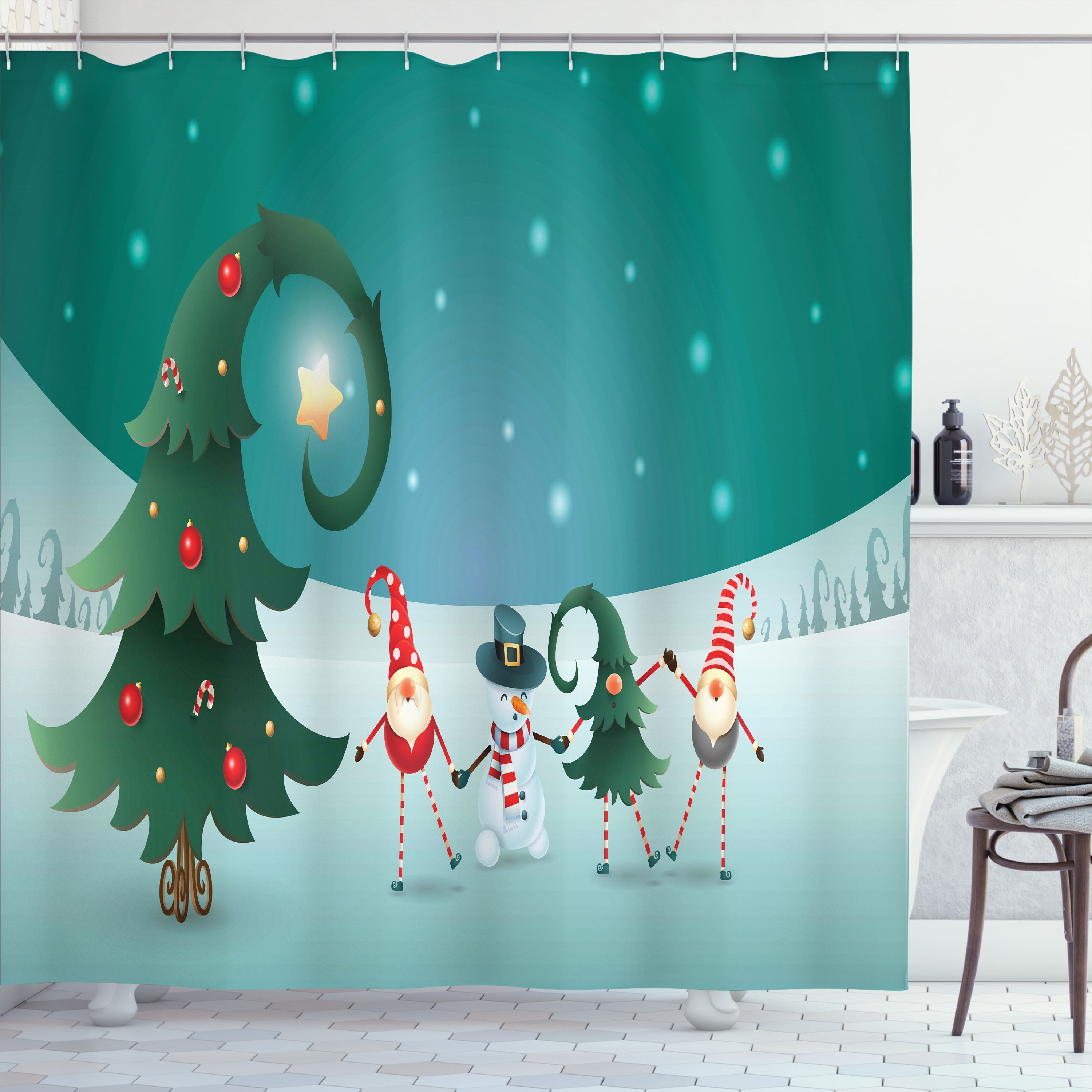 Ambesonne Elf Shower Curtain, Friendly Gnomes Winter Scene, 69"Wx70"L ...