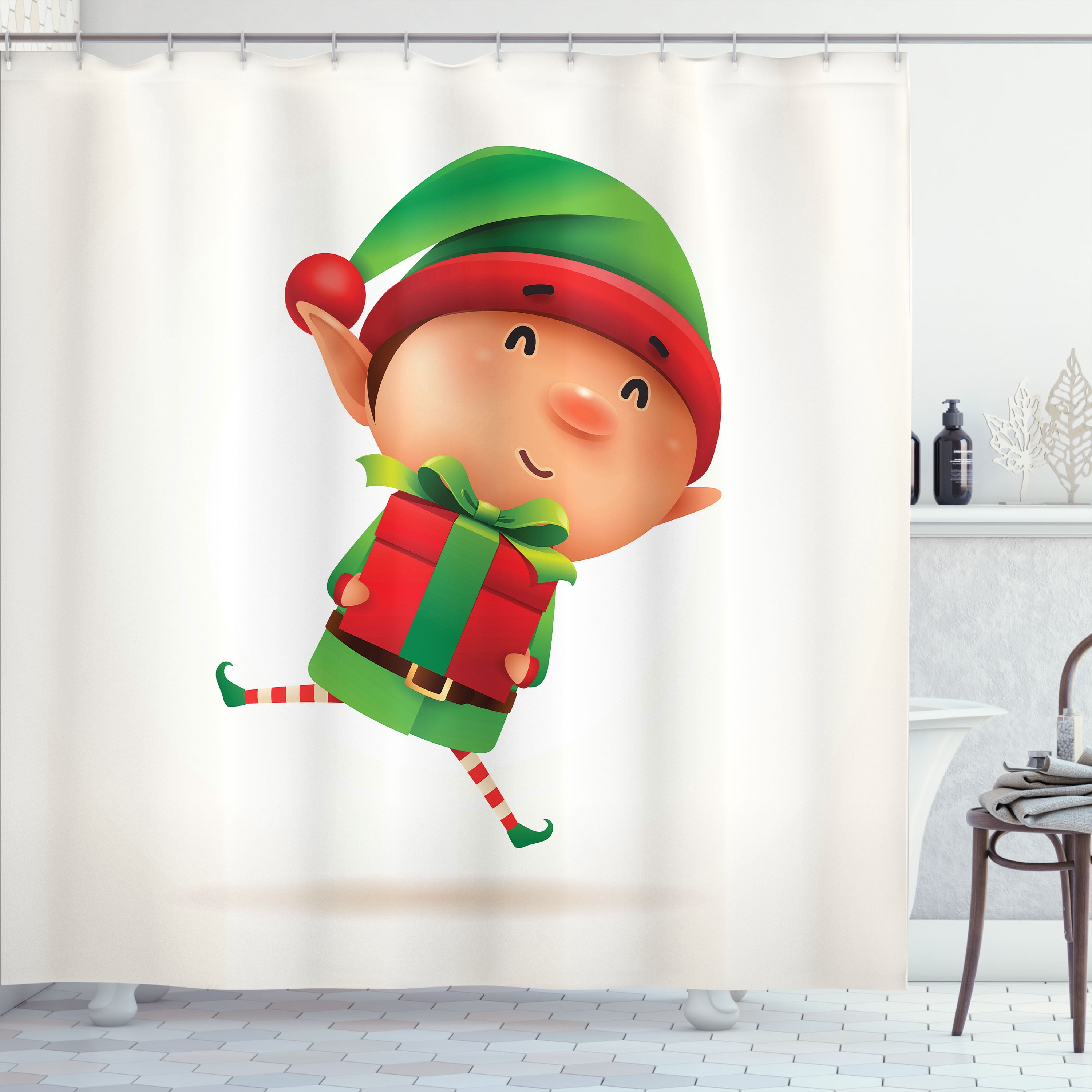 Ambesonne Elf Shower Curtain, Little Boy Holding a Present, 69"Wx75"L ...