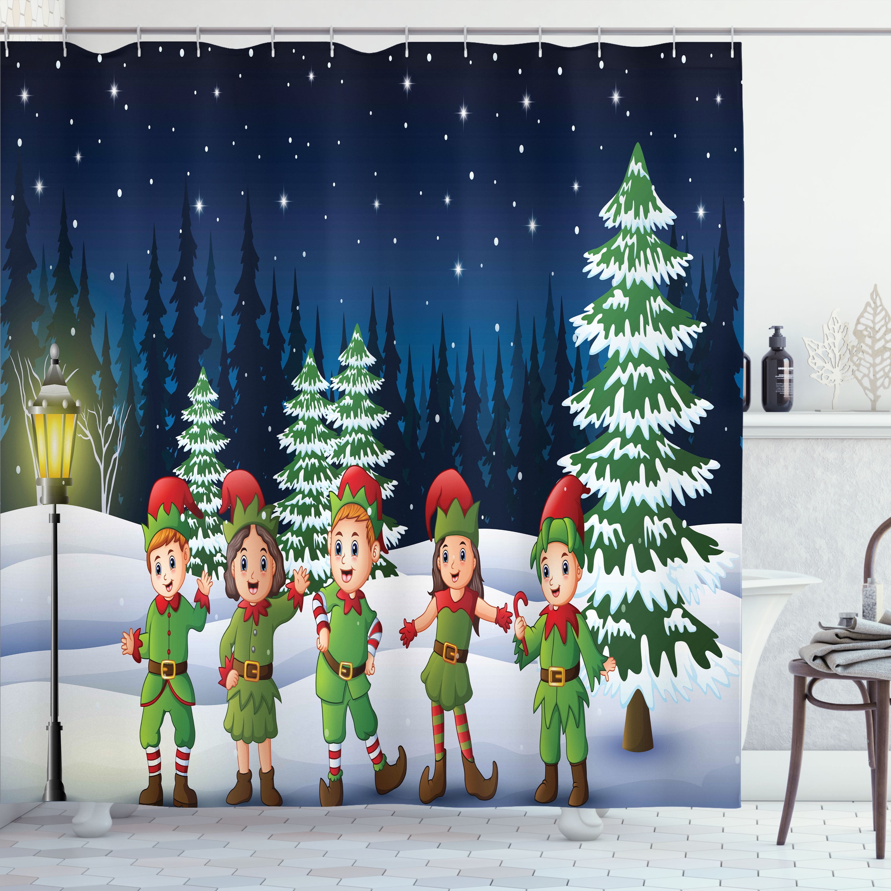 Ambesonne Elf Shower Curtain, Snowing Forest and, 69"Wx75"L, Multicolor ...