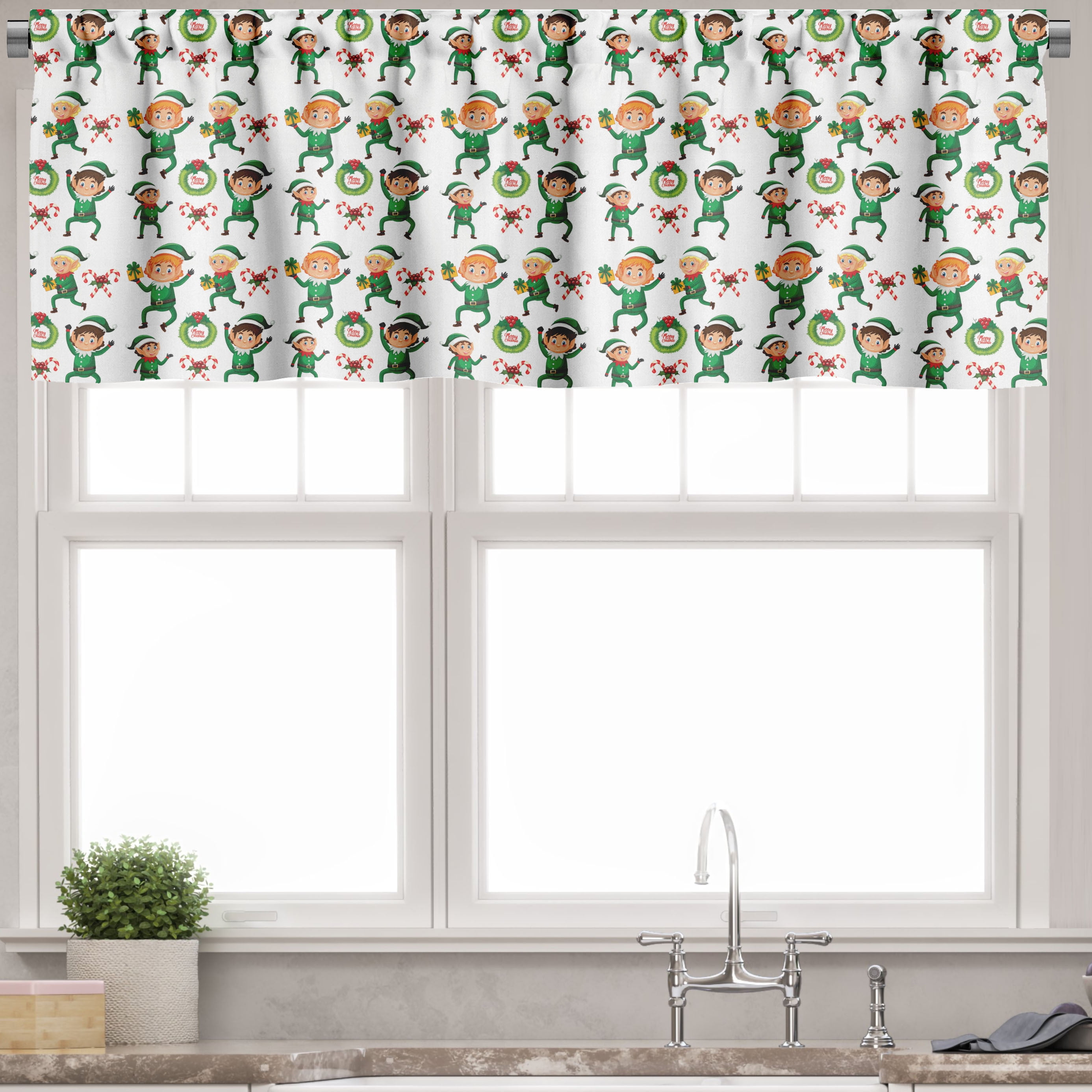 Ambesonne Elf Window Valance, Dwarf with Presents and Candy, 54" X 12 ...