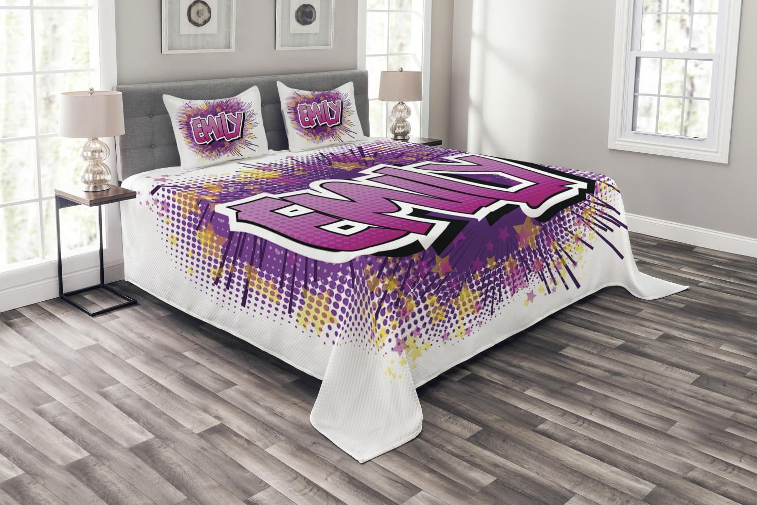 Ambesonne Emily Quilted Bedspread Set 3 Pcs, Popular Name Cartoon, King ...