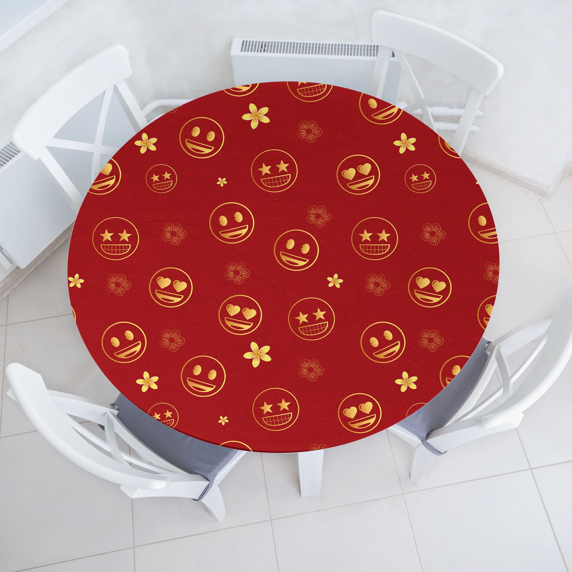Ambesonne Emoji Art Fitted Round Tablecloth, Faces Flowers Star Heart ...