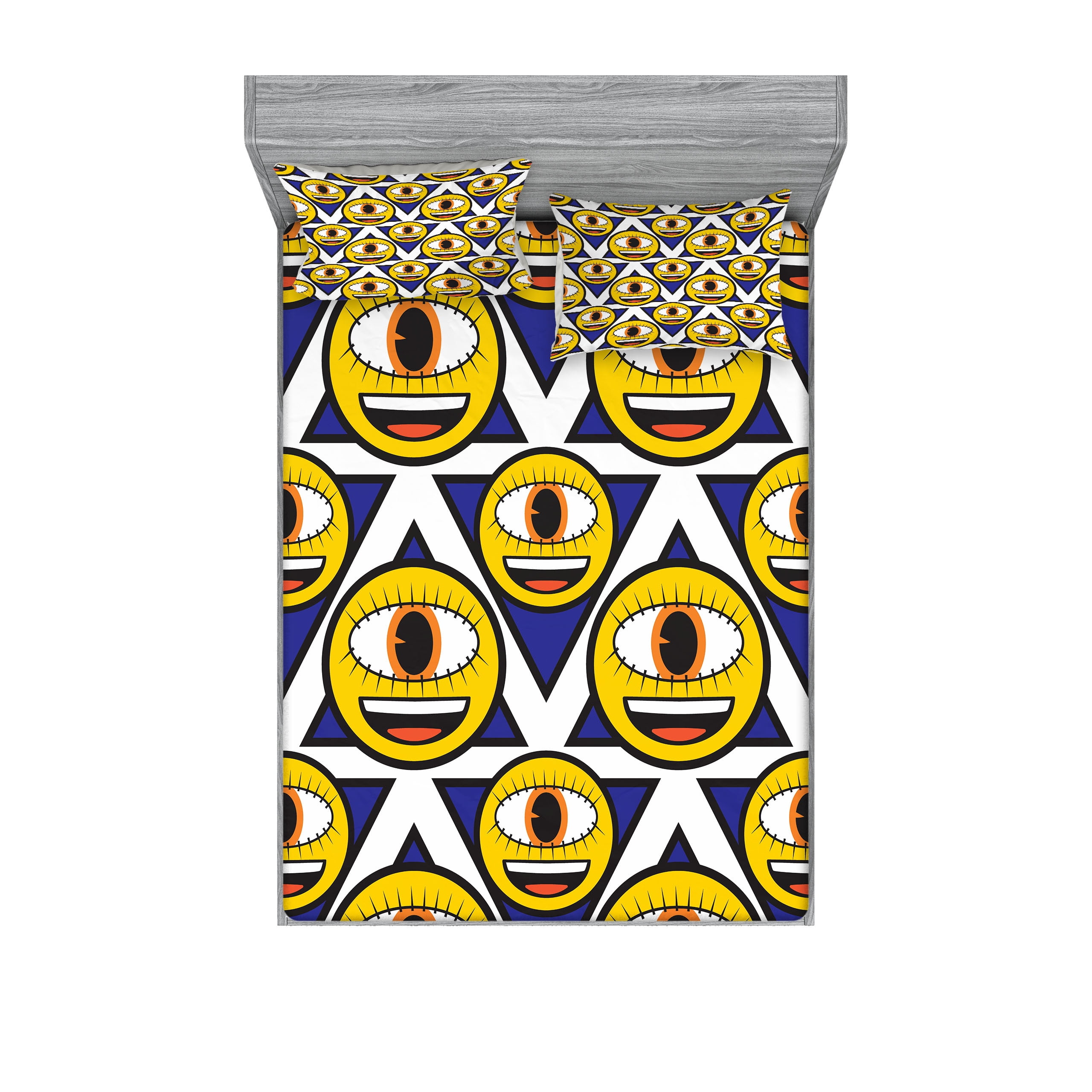 Ambesonne Emoji Art Fitted Sheet & Pillow Sham Set, Monster Funny ...