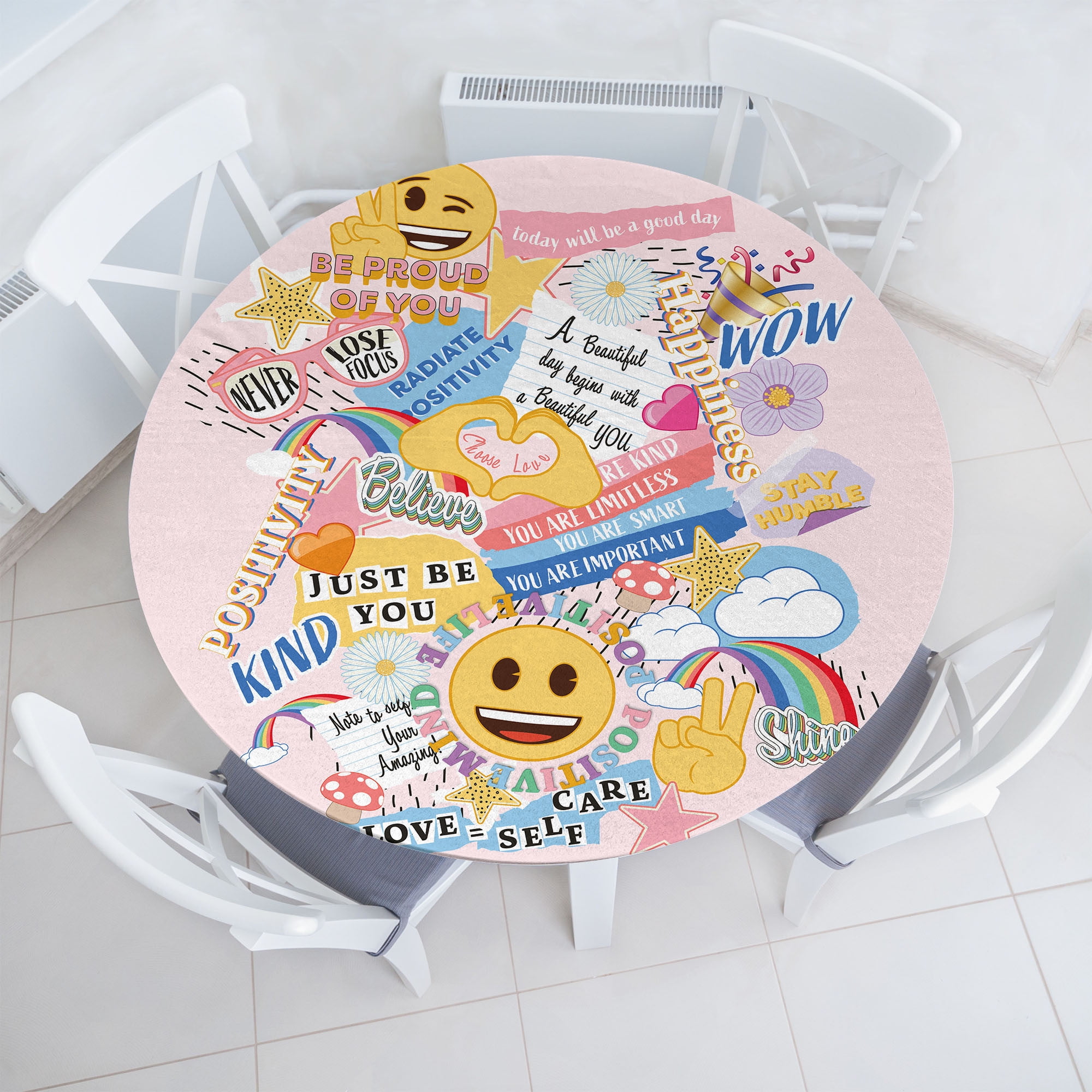 Ambesonne Emoji Fitted Round Tablecloth, Funny Faces Colorful Pastel ...