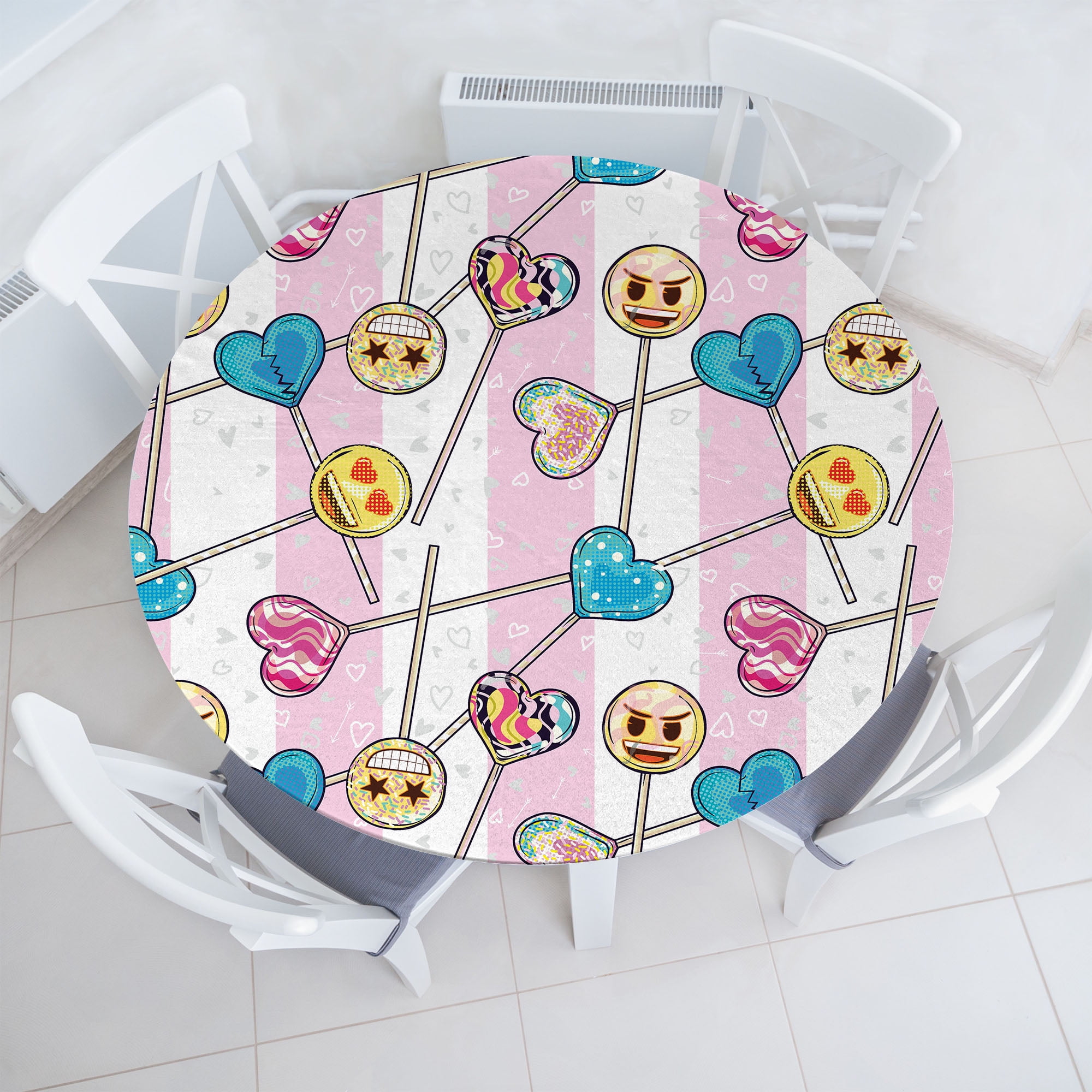 Ambesonne Emoji Fitted Round Tablecloth, Funny Faces Groovy Hearts, 40 ...