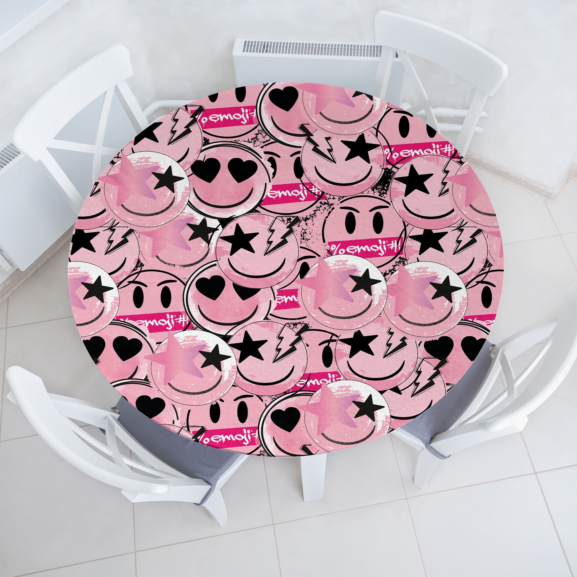 Ambesonne Emoji Fitted Round Tablecloth, Funny Faces Starry Heart Eye ...