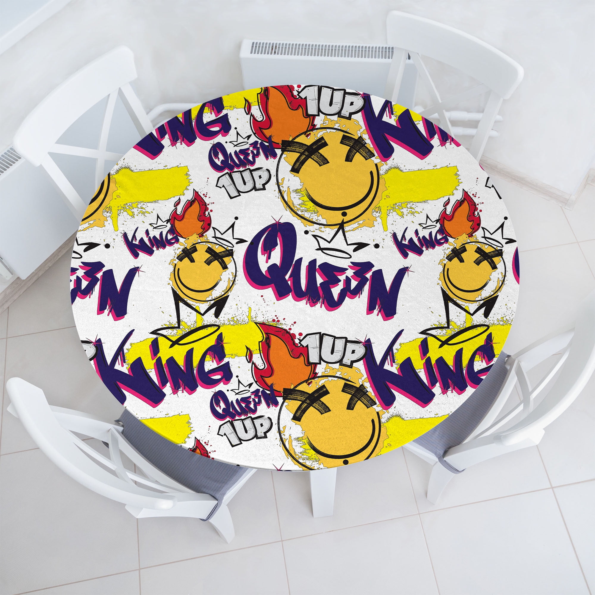 Ambesonne Emoji Fitted Round Tablecloth, Grunge Graffiti Ornament Art ...