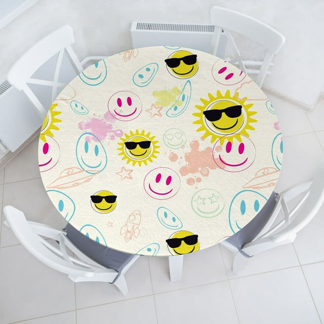 Ambesonne Emoji Fitted Round Tablecloth, Happy Face and Sun Space Art ...
