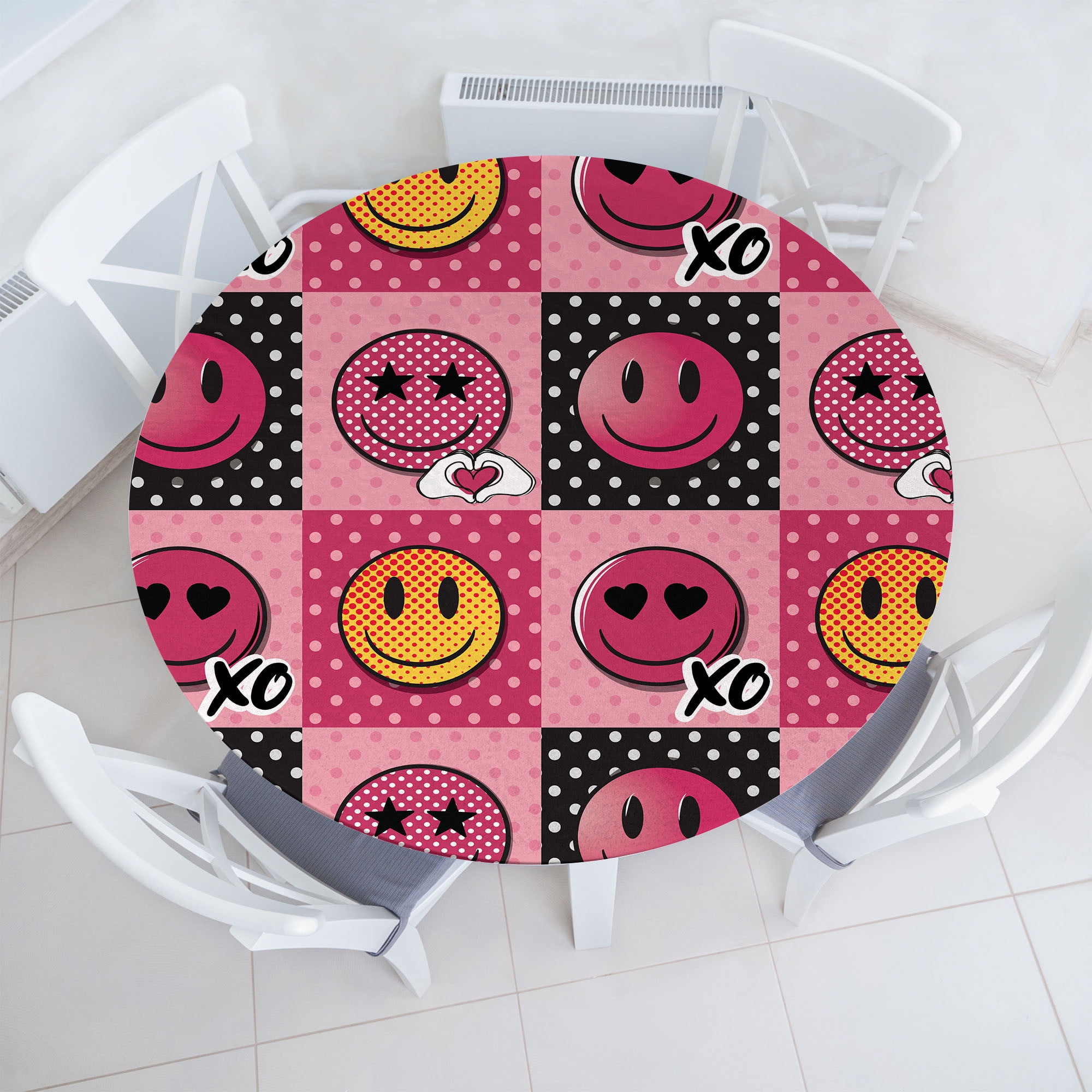 Ambesonne Emoji Fitted Round Tablecloth, Pop Art Smiling Faces XO Art ...
