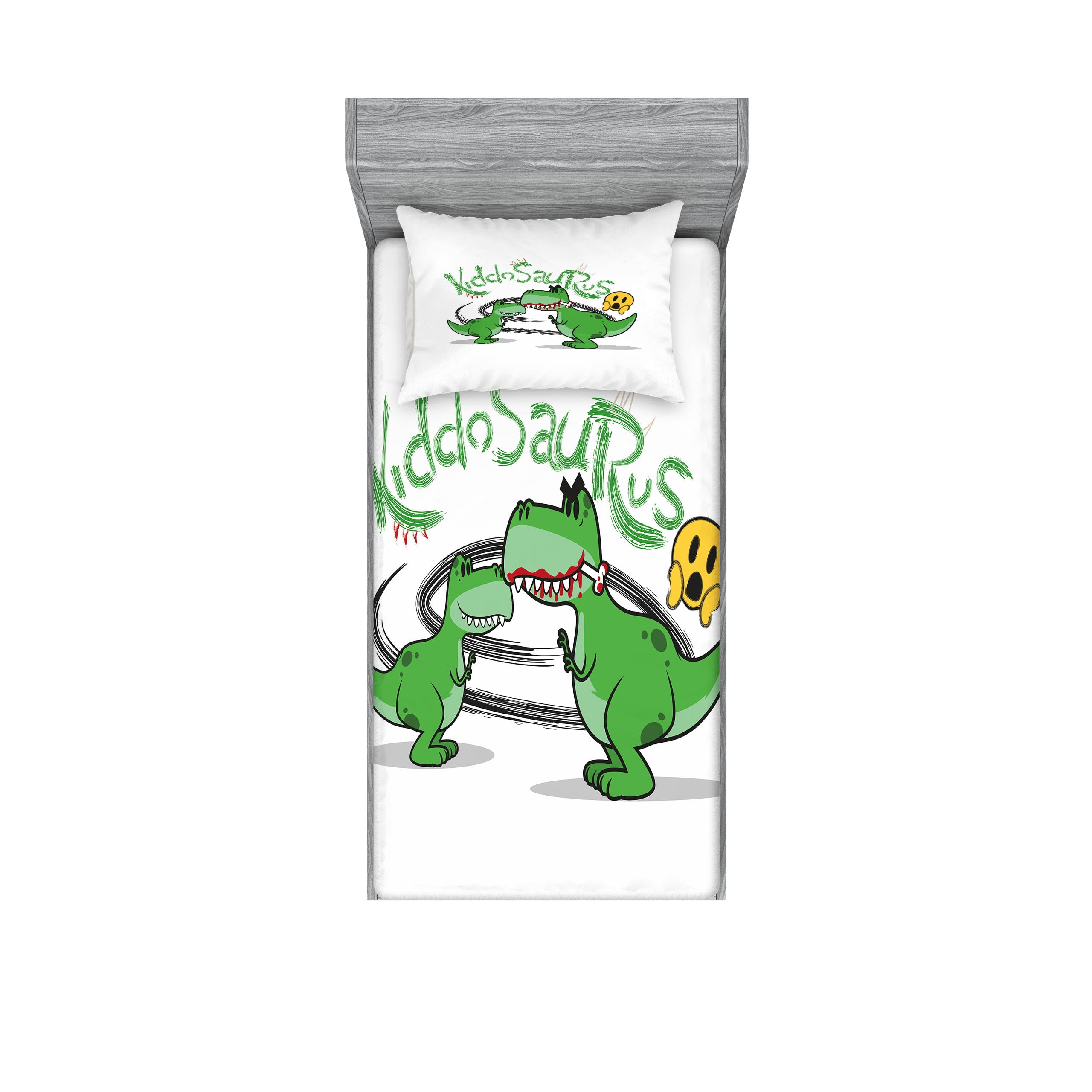 Ambesonne Emoji Fitted Sheet & Pillow Sham Set, Dinosaurs Funny Shocked ...