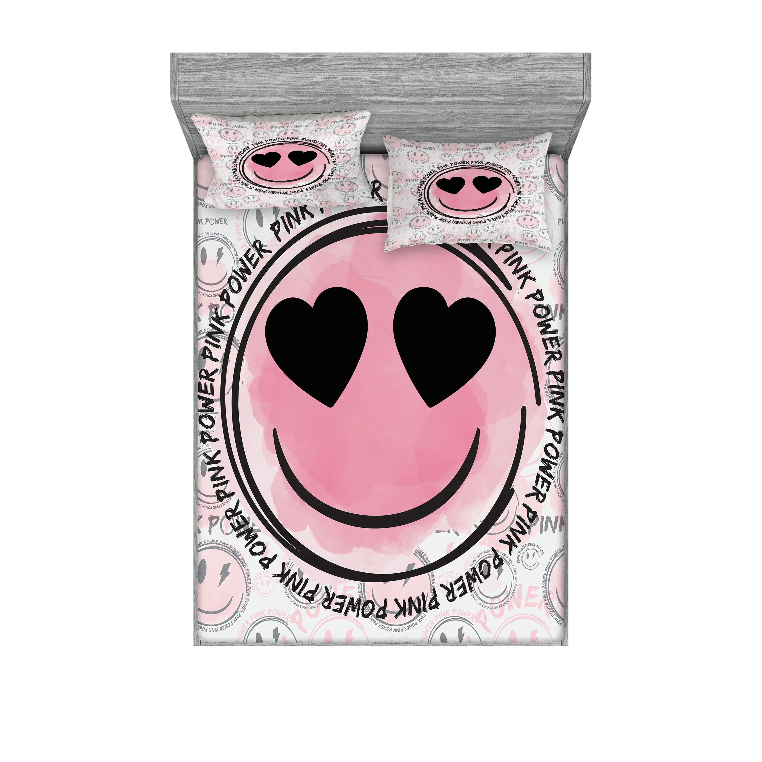 Ambesonne Emoji Fitted Sheet & Pillow Sham Set, Funny Face Pink Power ...