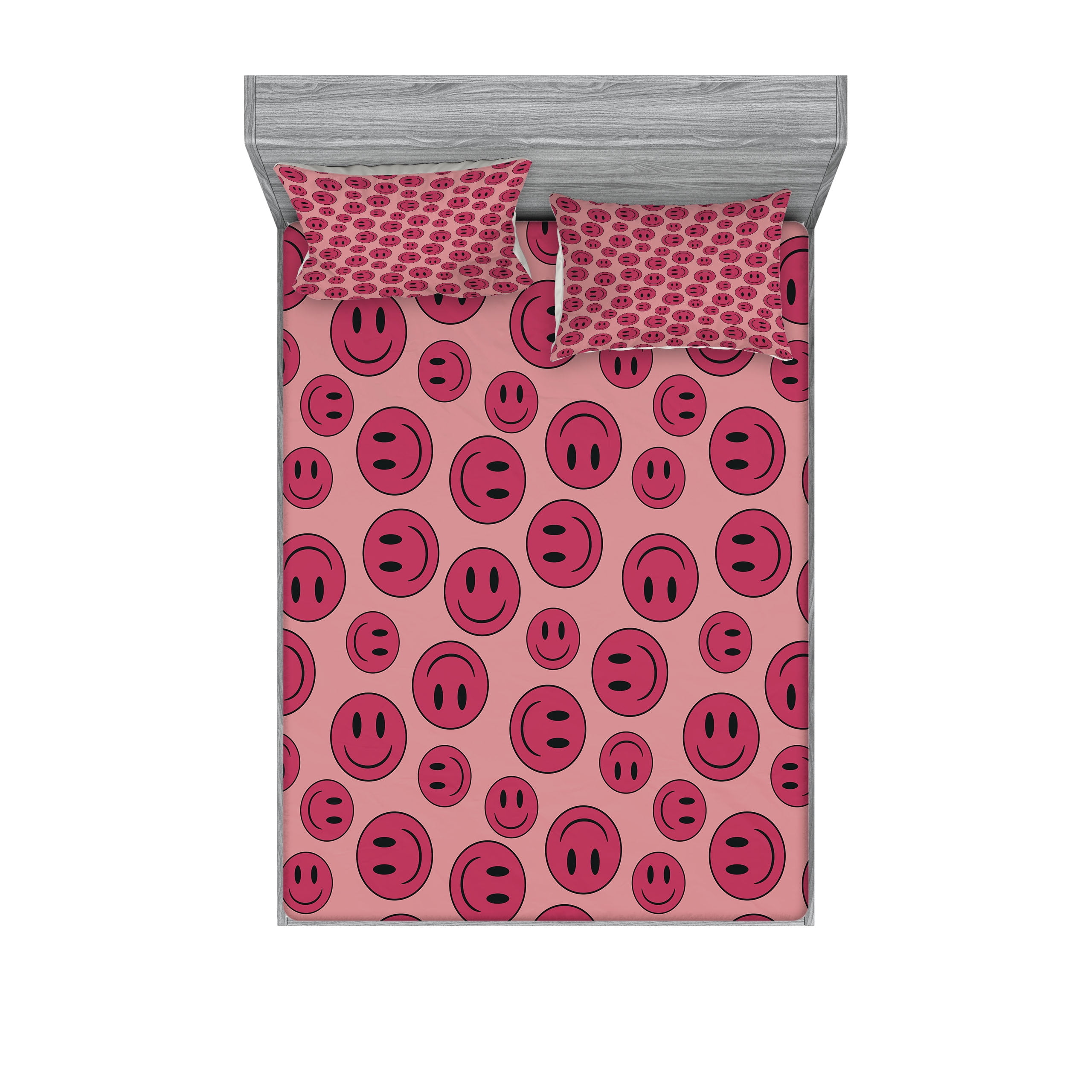 Ambesonne Emoji Fitted Sheet & Pillow Sham Set, Funny Round Faces ...