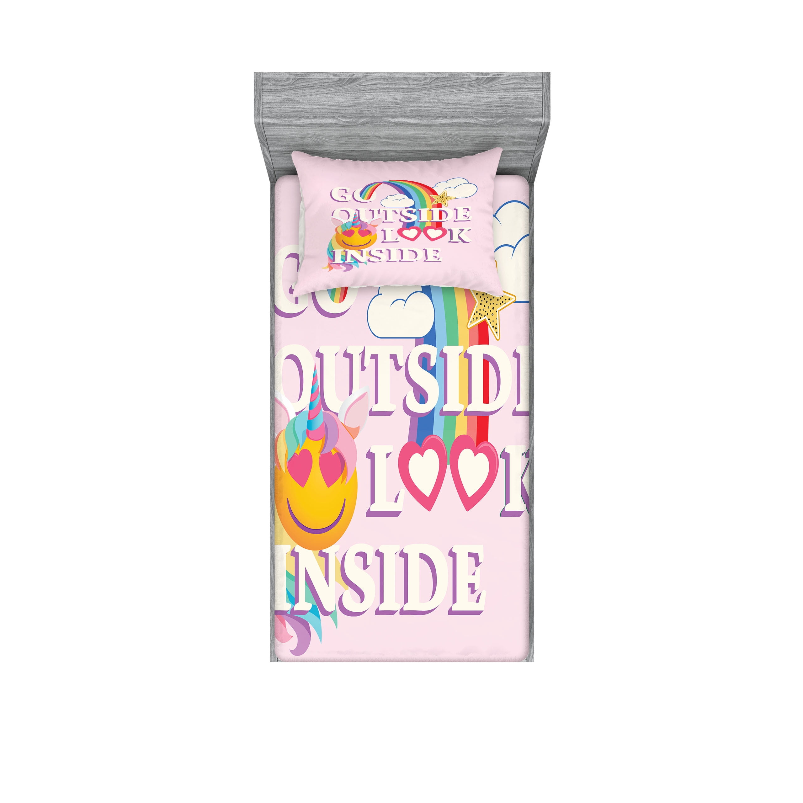 Ambesonne Emoji Fitted Sheet & Pillow Sham Set, Go Outside Look Inside ...