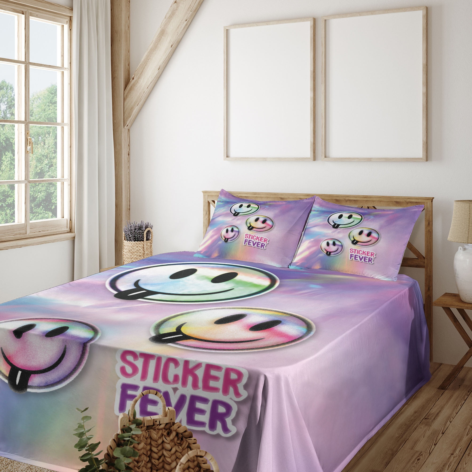 Ambesonne Emoji Fitted & Top Sheet Set with Sham, Dreamy Colors Smiling ...