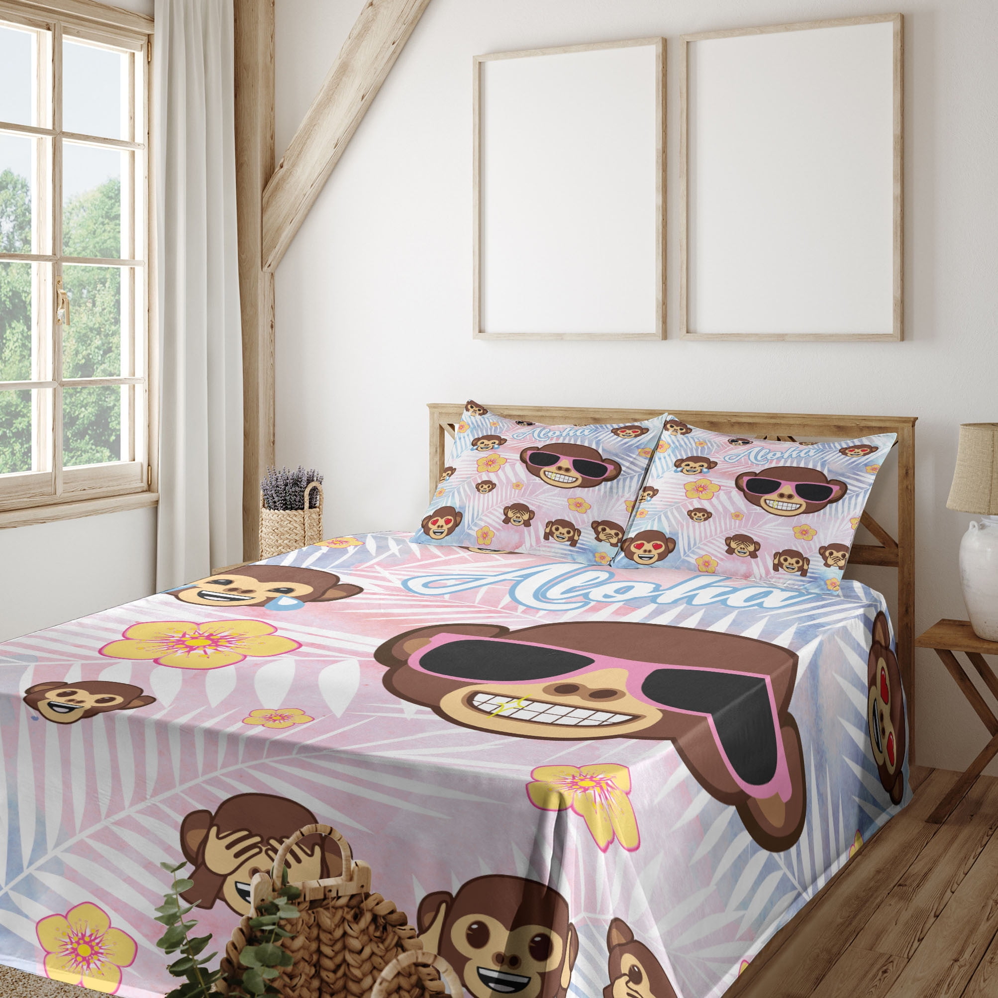 Ambesonne Emoji Fitted & Top Sheet Set with Sham, Funny Monkeys Hawaii ...