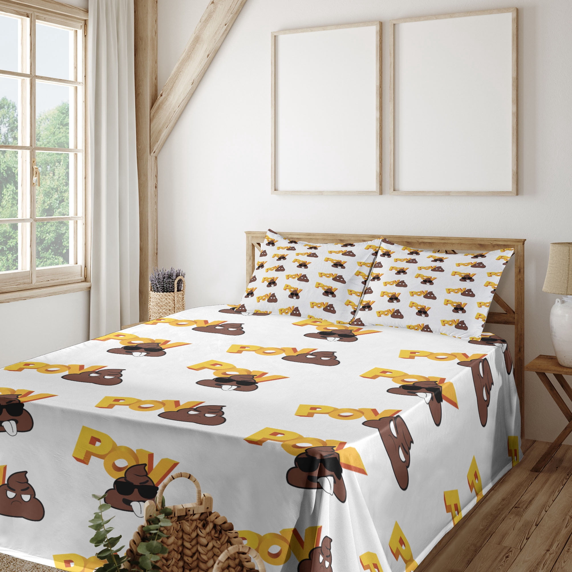 Ambesonne Emoji Fitted & Top Sheet Set with Sham, Funny POV Writing ...