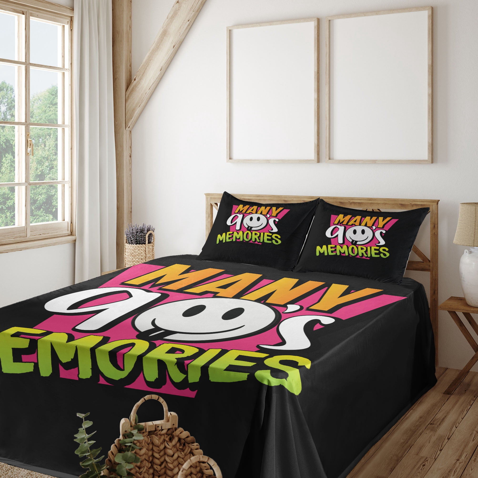 Ambesonne Emoji Fitted & Top Sheet Set with Shams, Colorful 90s ...