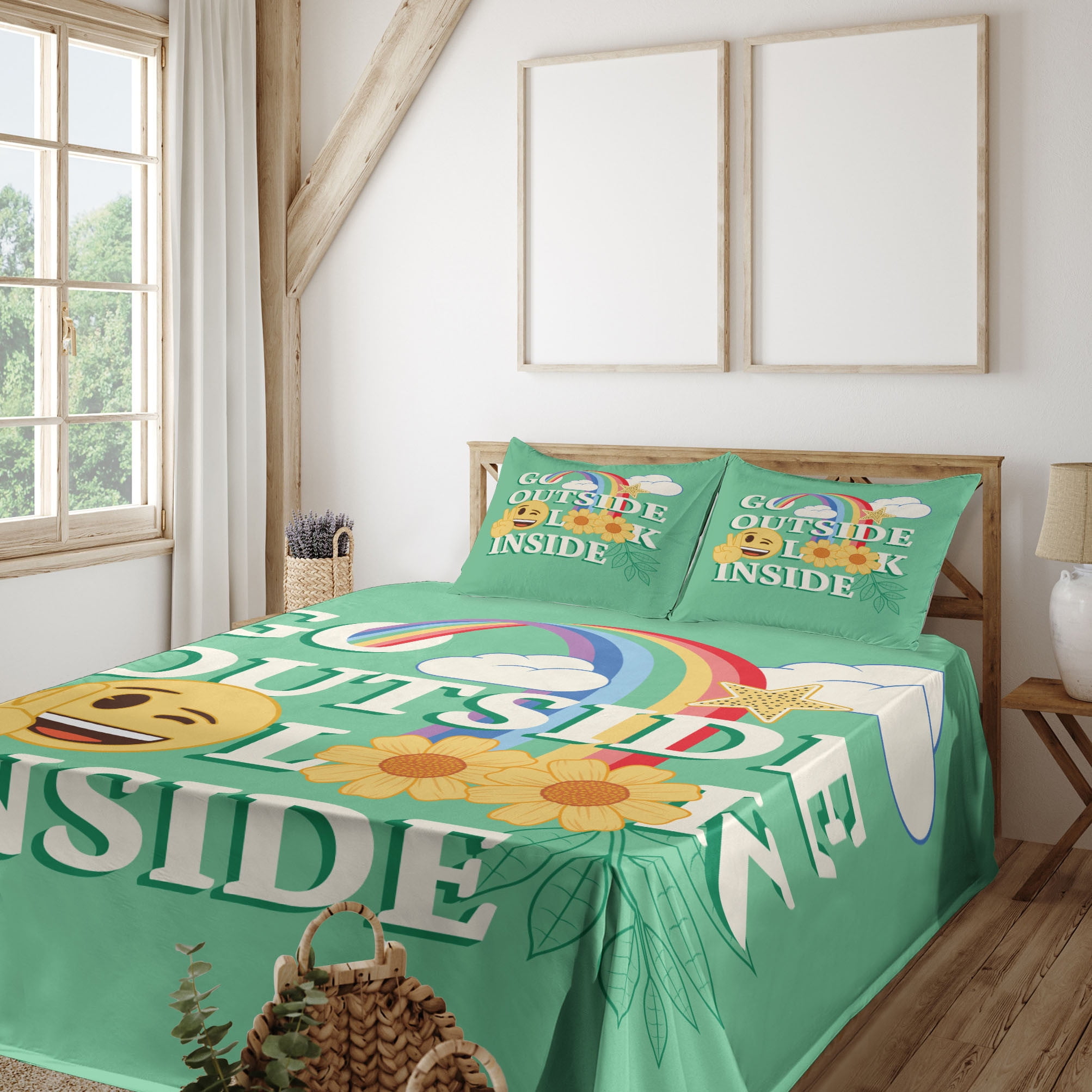 Ambesonne Emoji Fitted & Top Sheet Set with Shams, Go Outside Look ...
