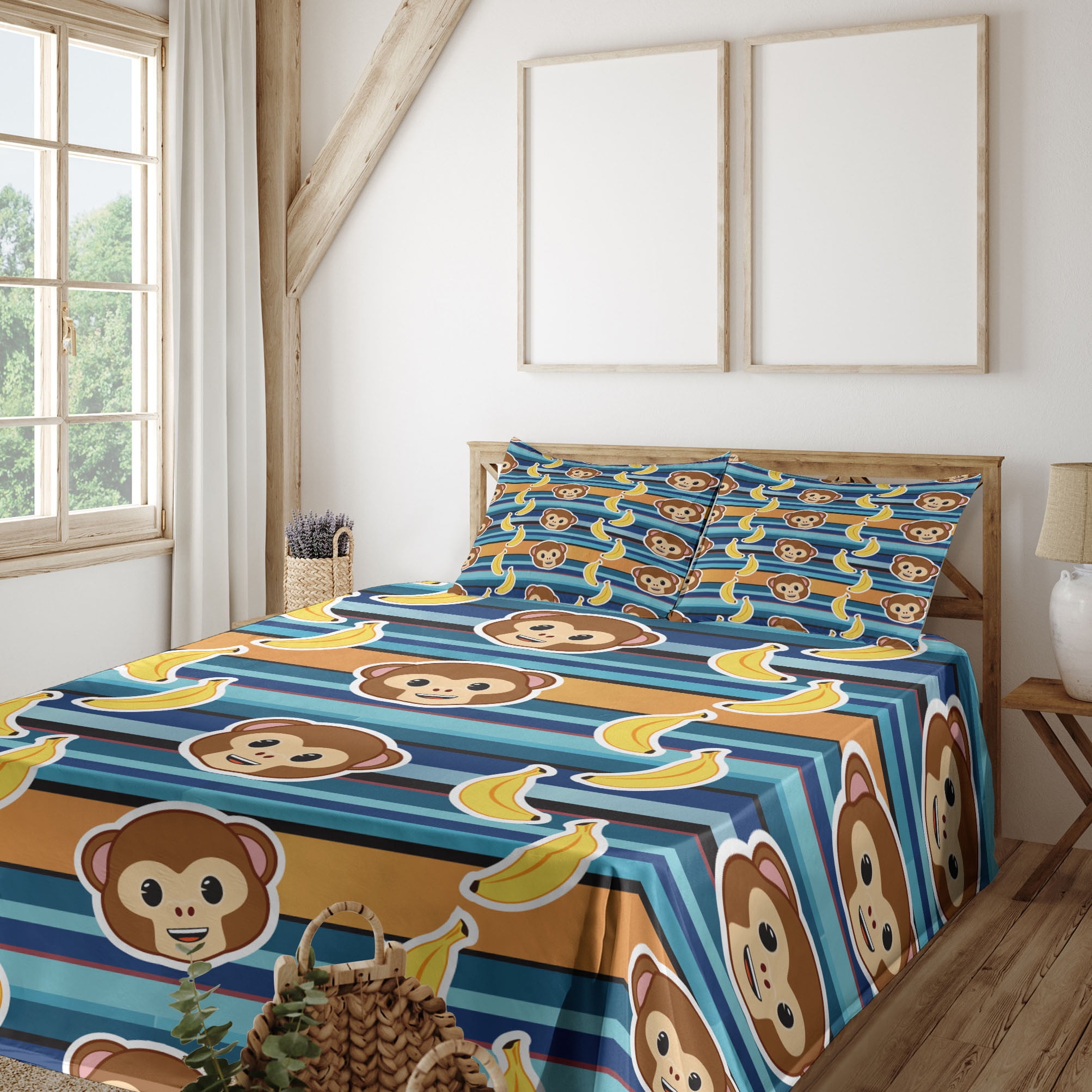 Ambesonne Emoji Fitted & Top Sheet Set with Shams, Pop Art Banana with ...