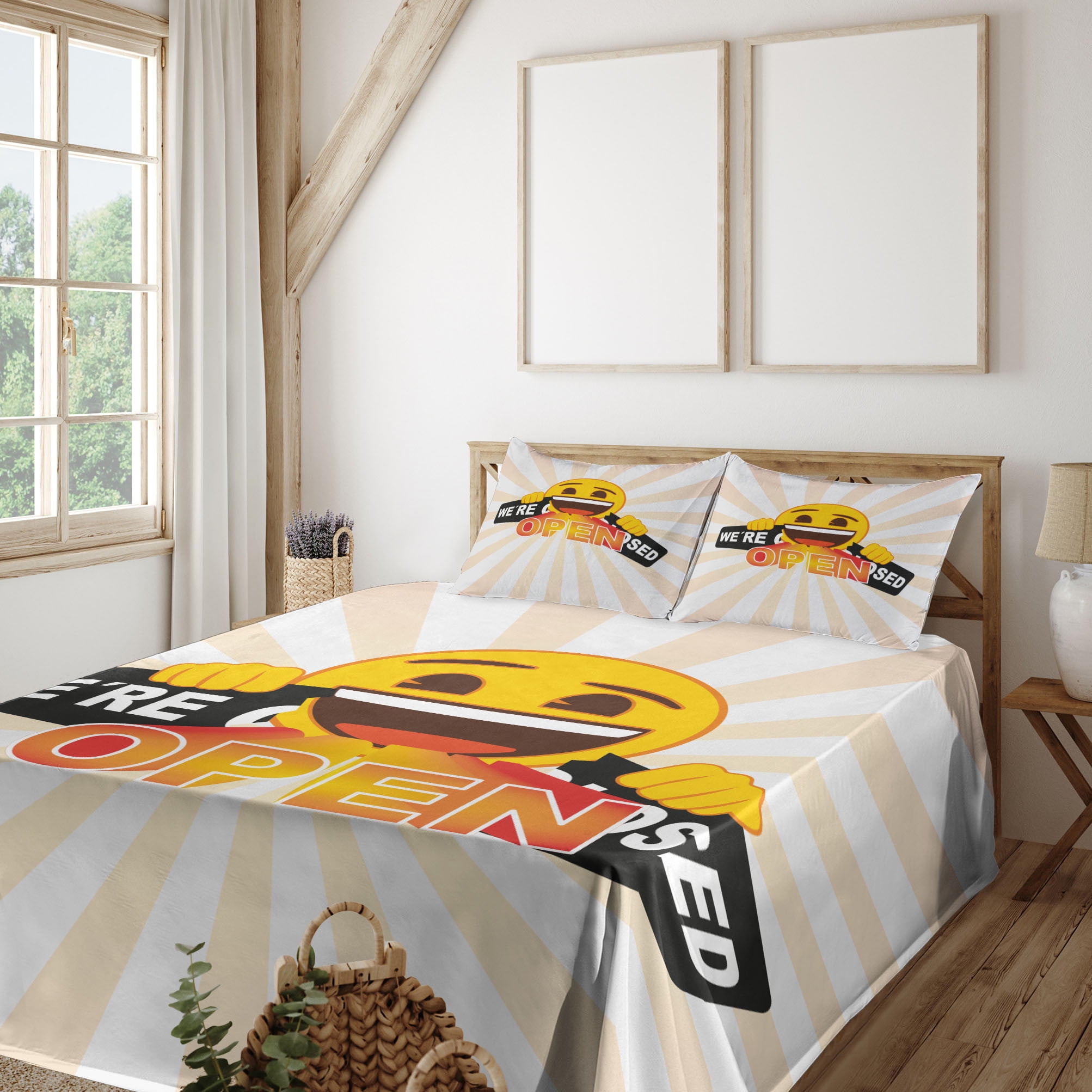 Ambesonne Emoji Fitted & Top Sheet Set with Shams, We Are Open Writing ...