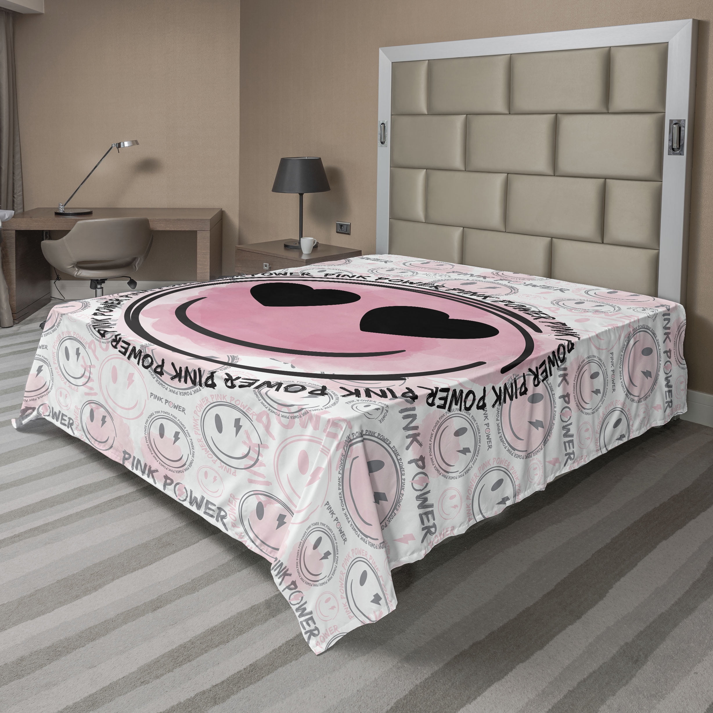 Ambesonne Emoji Flat Sheet, Funny Face Pink Power Writing, Full Size ...