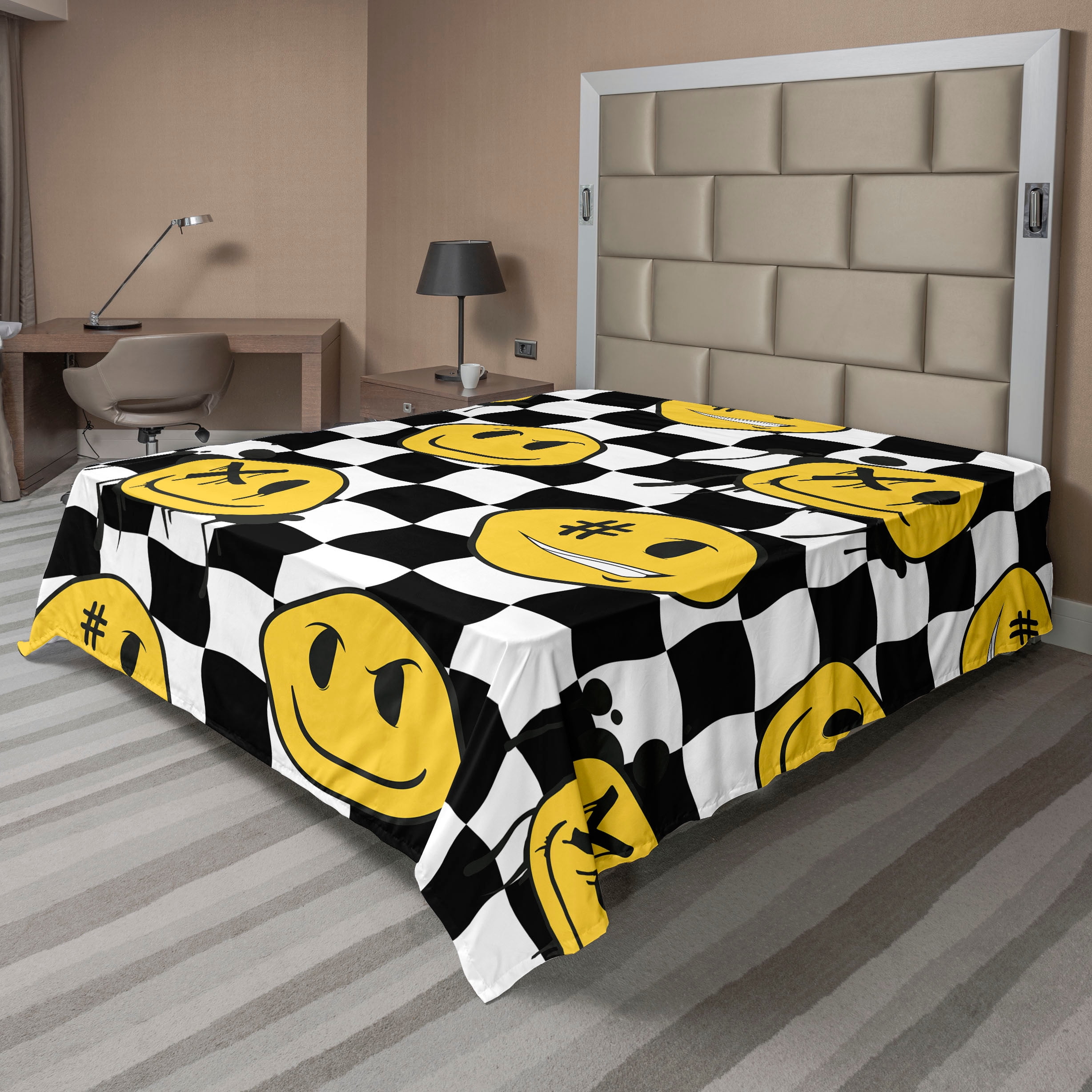 Ambesonne Emoji Flat Sheet, Funny Faces Checkered Back, King Size ...