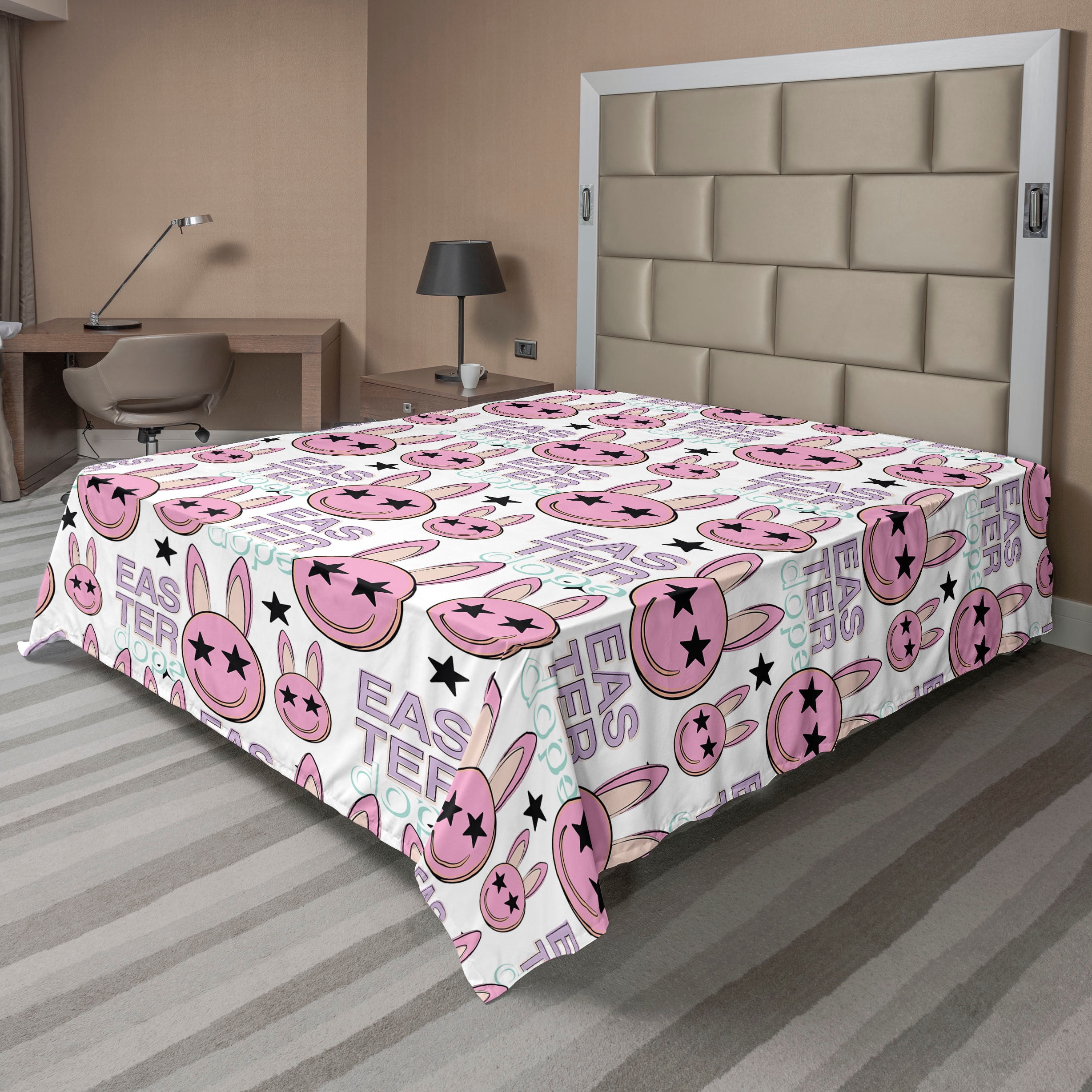 Ambesonne Emoji Flat Sheet, Happy Bunny Modern Easter, Queen Size ...