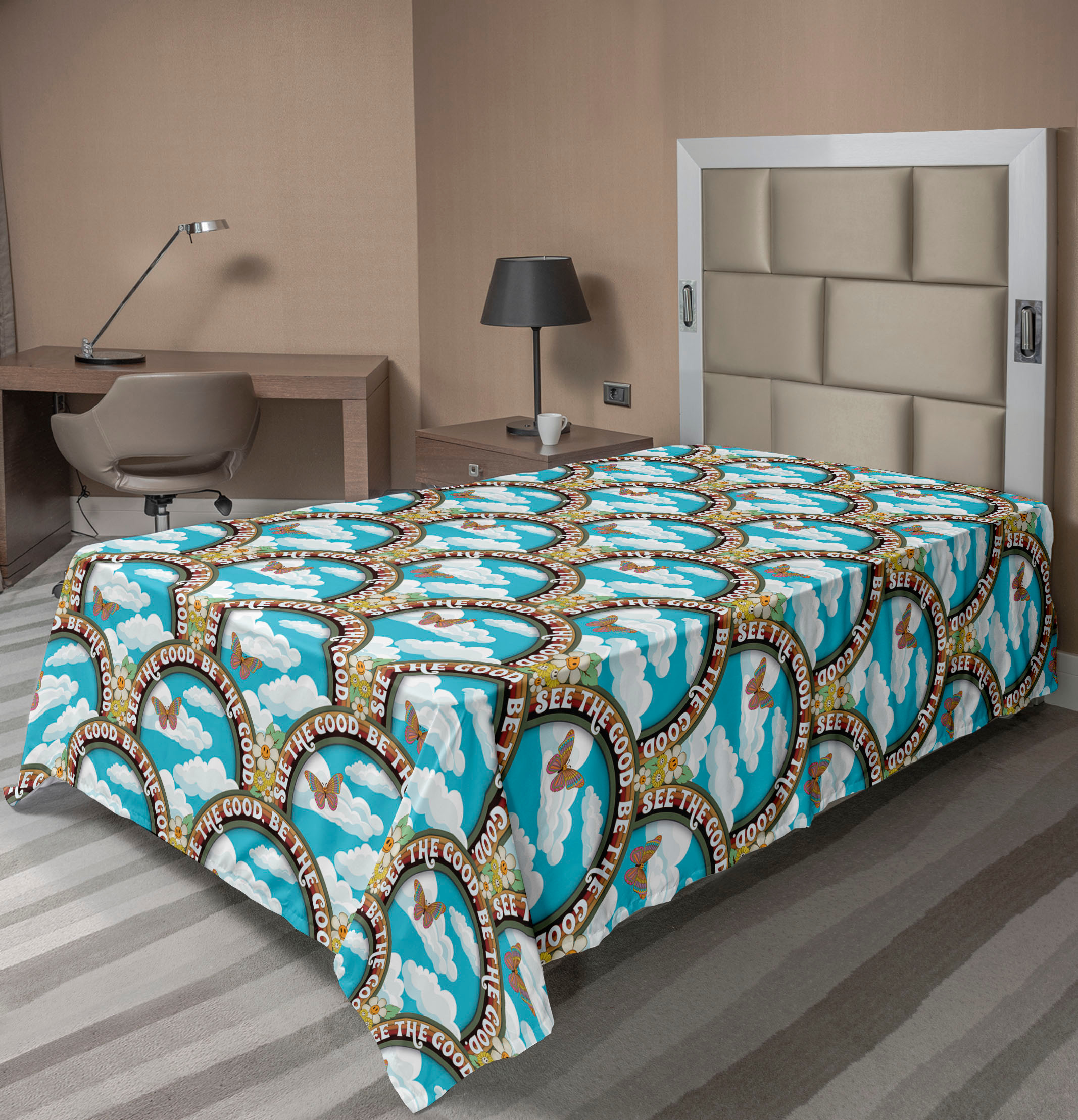 Ambesonne Emoji Flat Sheet, Retro Groovy Scales of Sky, Twin Size, Sea ...