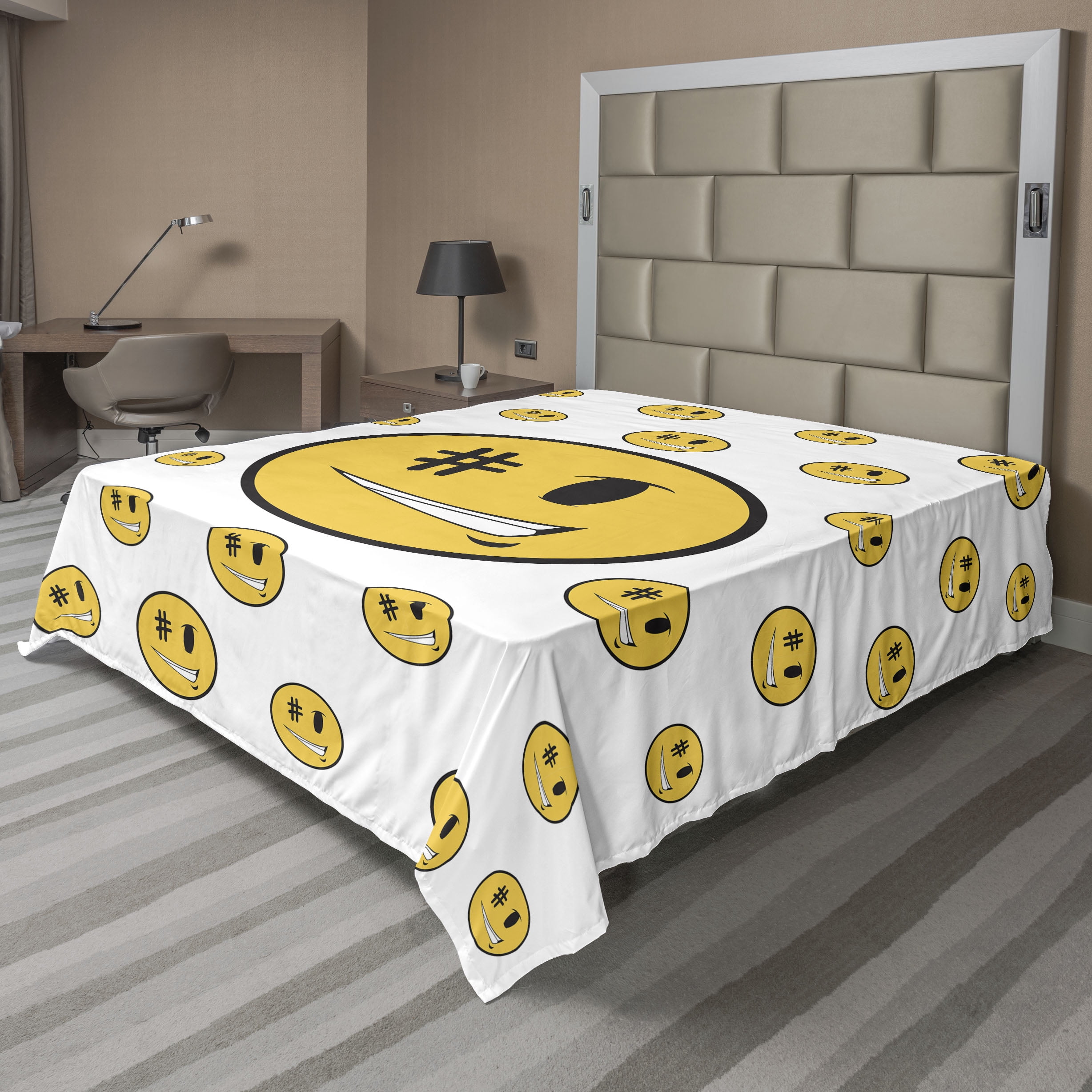 Ambesonne Emoji Flat Sheet, Smirking Round Face Pattern, King Size ...