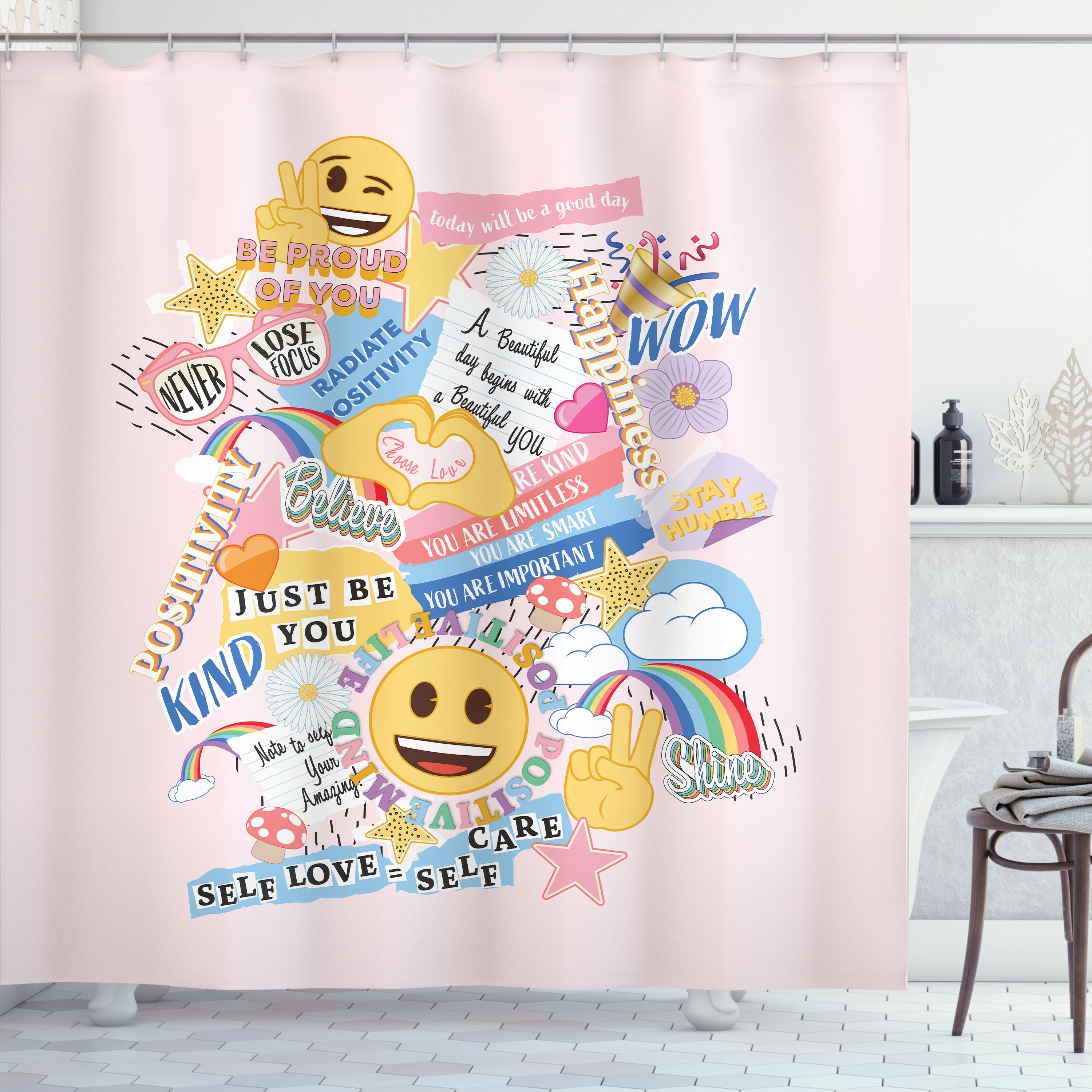 Ambesonne Emoji Shower Curtain, Funny Faces Colorful Pastel, 69"Wx75"L ...