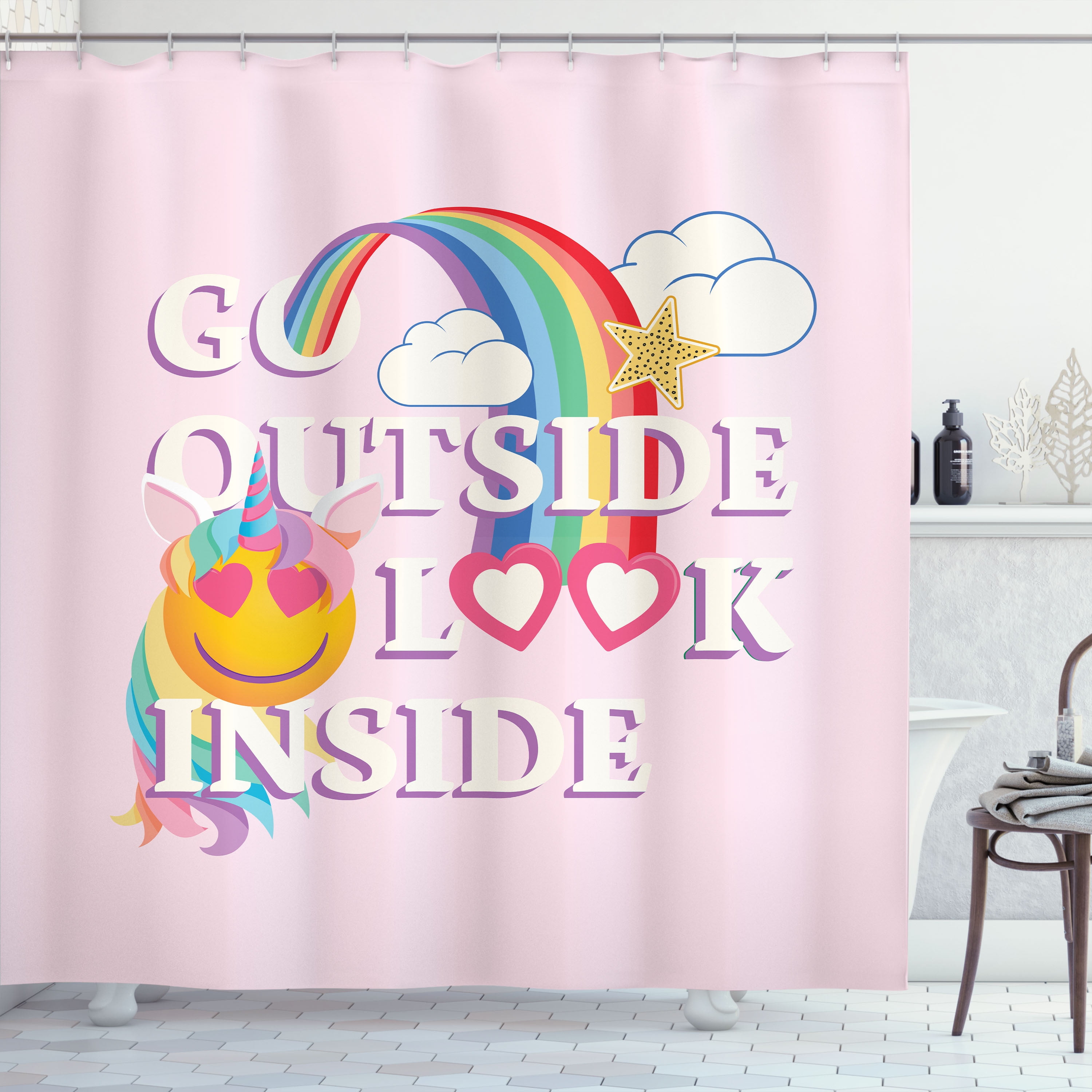 Ambesonne Emoji Shower Curtain, Go Outside Look Inside Funny, 69"Wx70"L ...