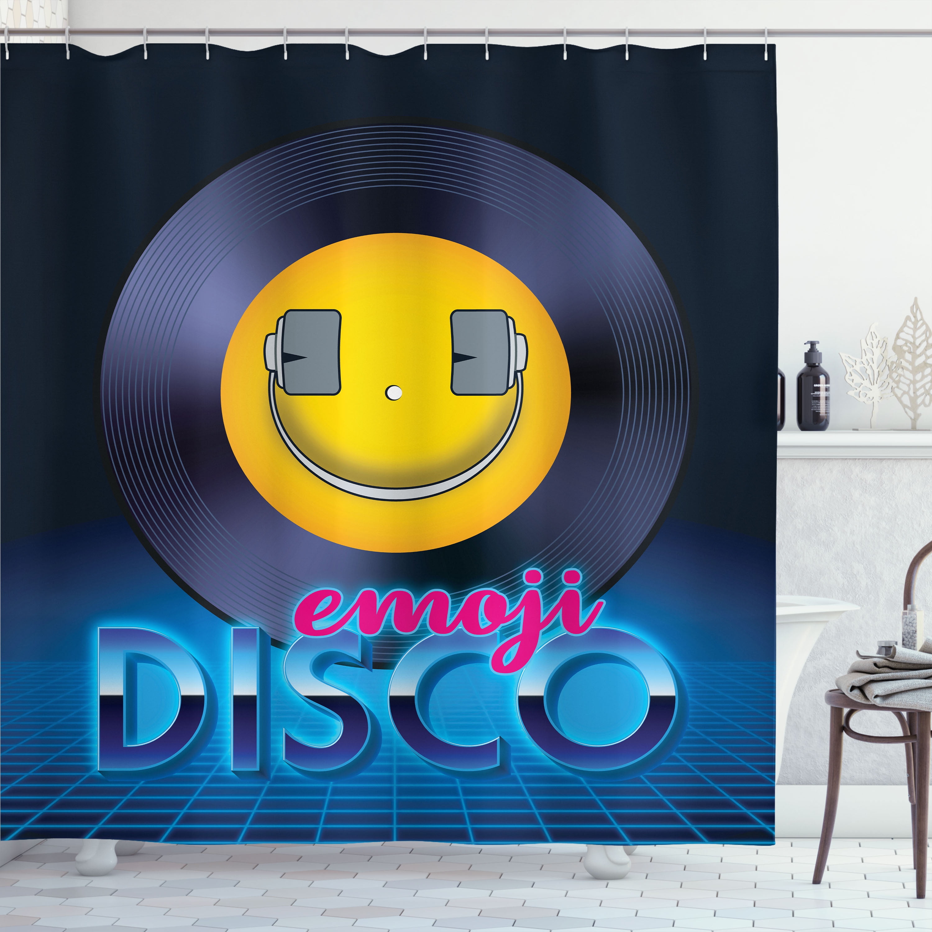 Ambesonne Emoji Shower Curtain, Retrowave Smile Face Disc, 69"Wx84"L ...