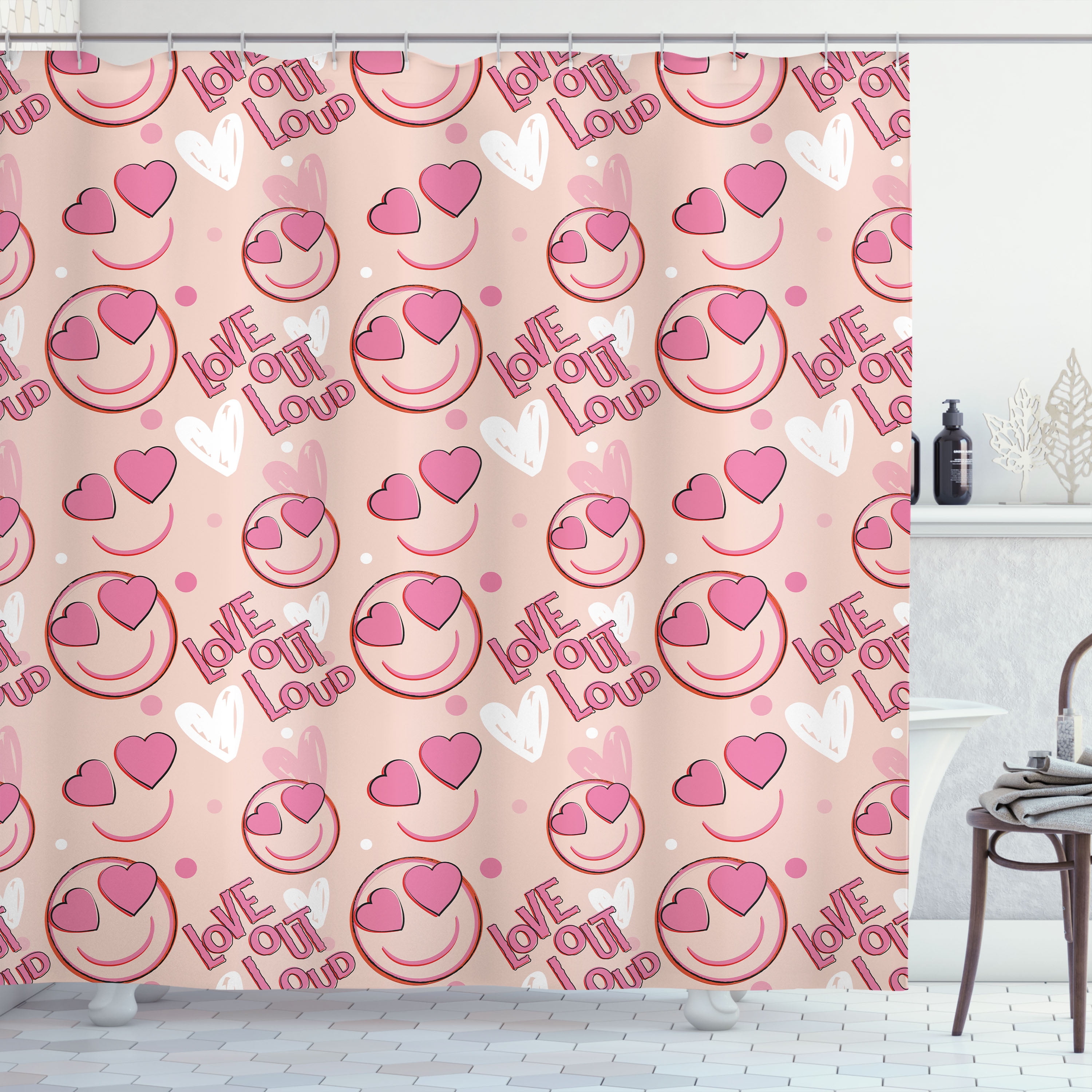 Ambesonne Emoji Shower Curtain, Romantic Hearts Funny Faces, 69"Wx75"L ...