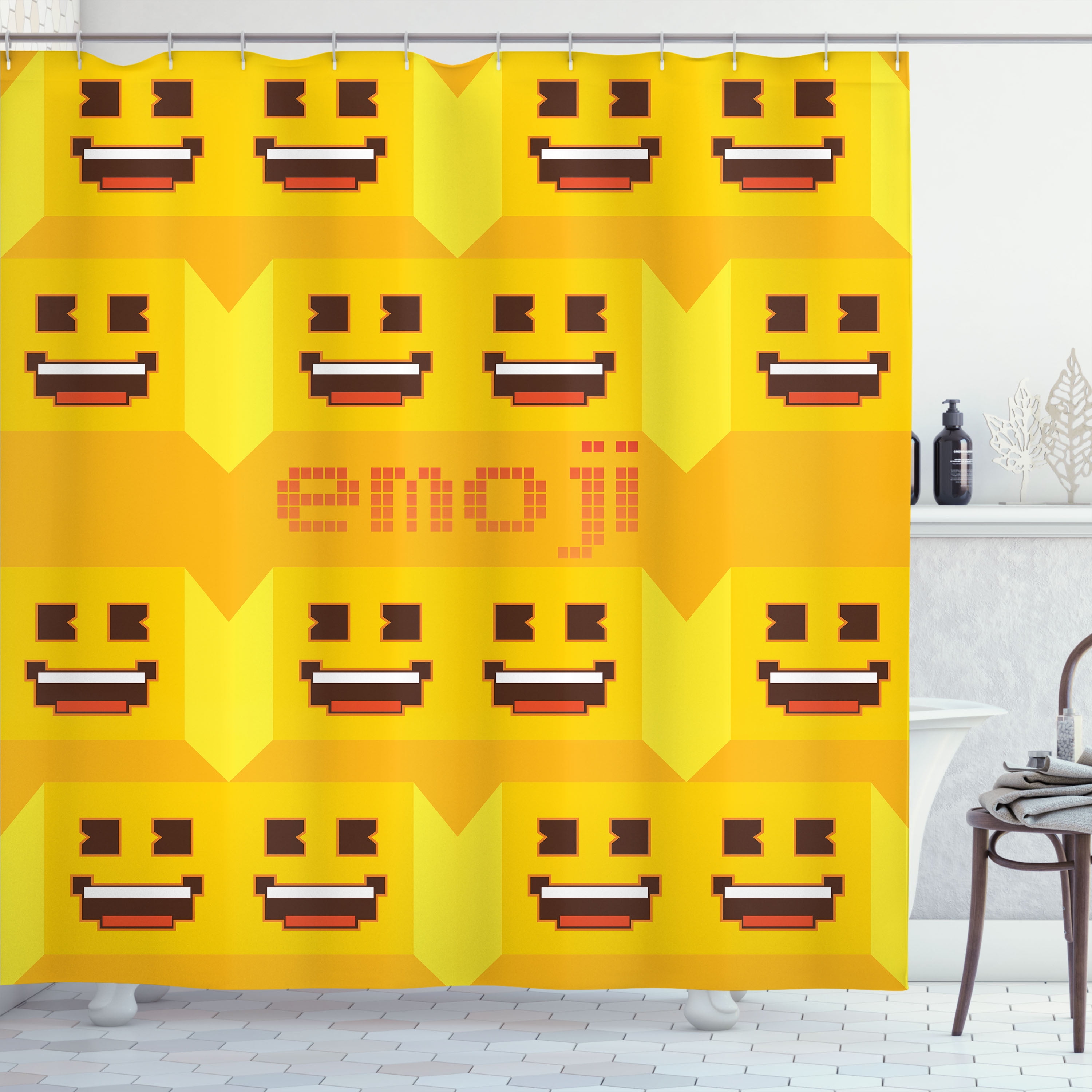 Ambesonne Emoji Shower Curtain, Smiling Faces Pixel Style, 69"Wx70"L ...