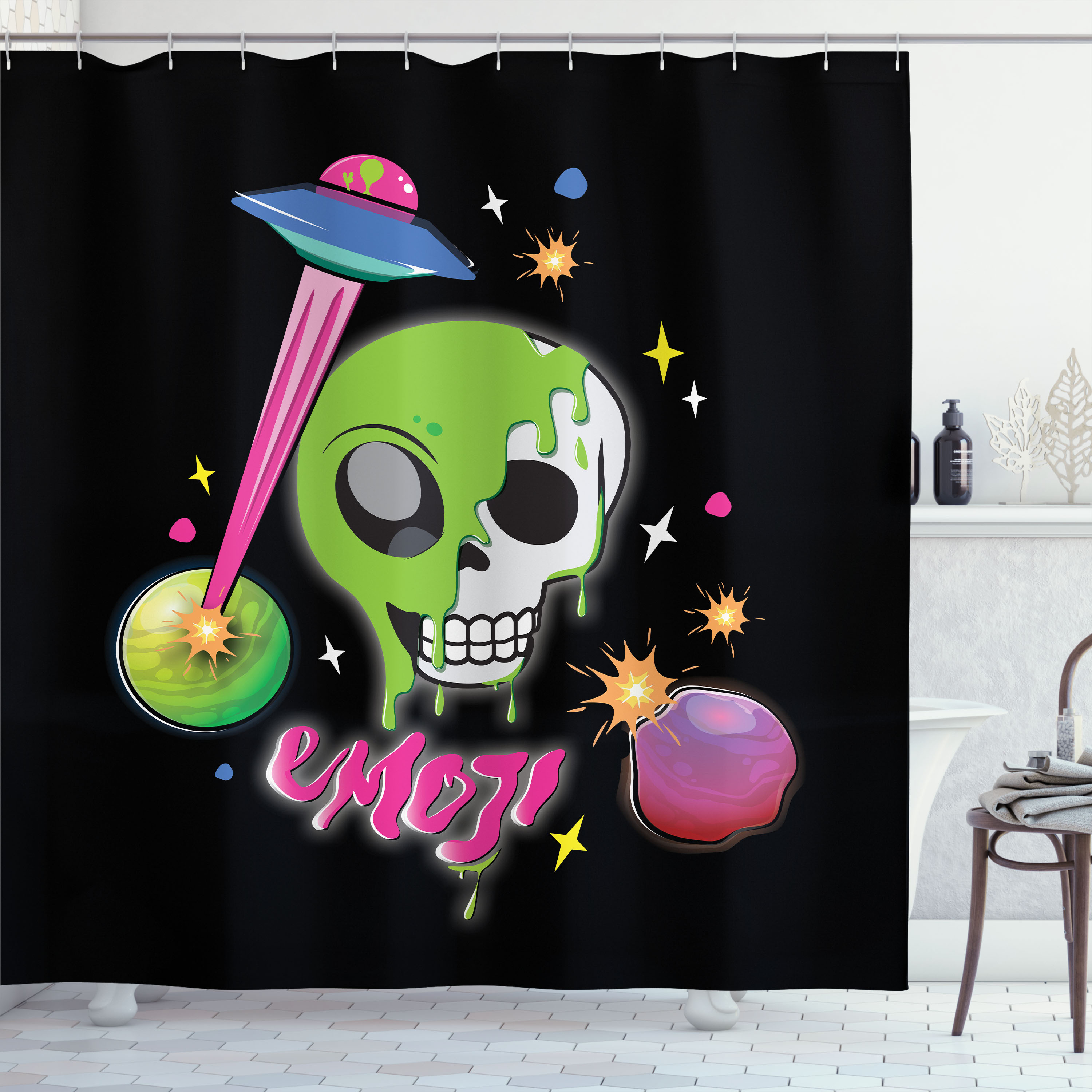 Ambesonne Emoji Shower Curtain, Space Graffiti Alien Ufo Star, 69"Wx75 ...