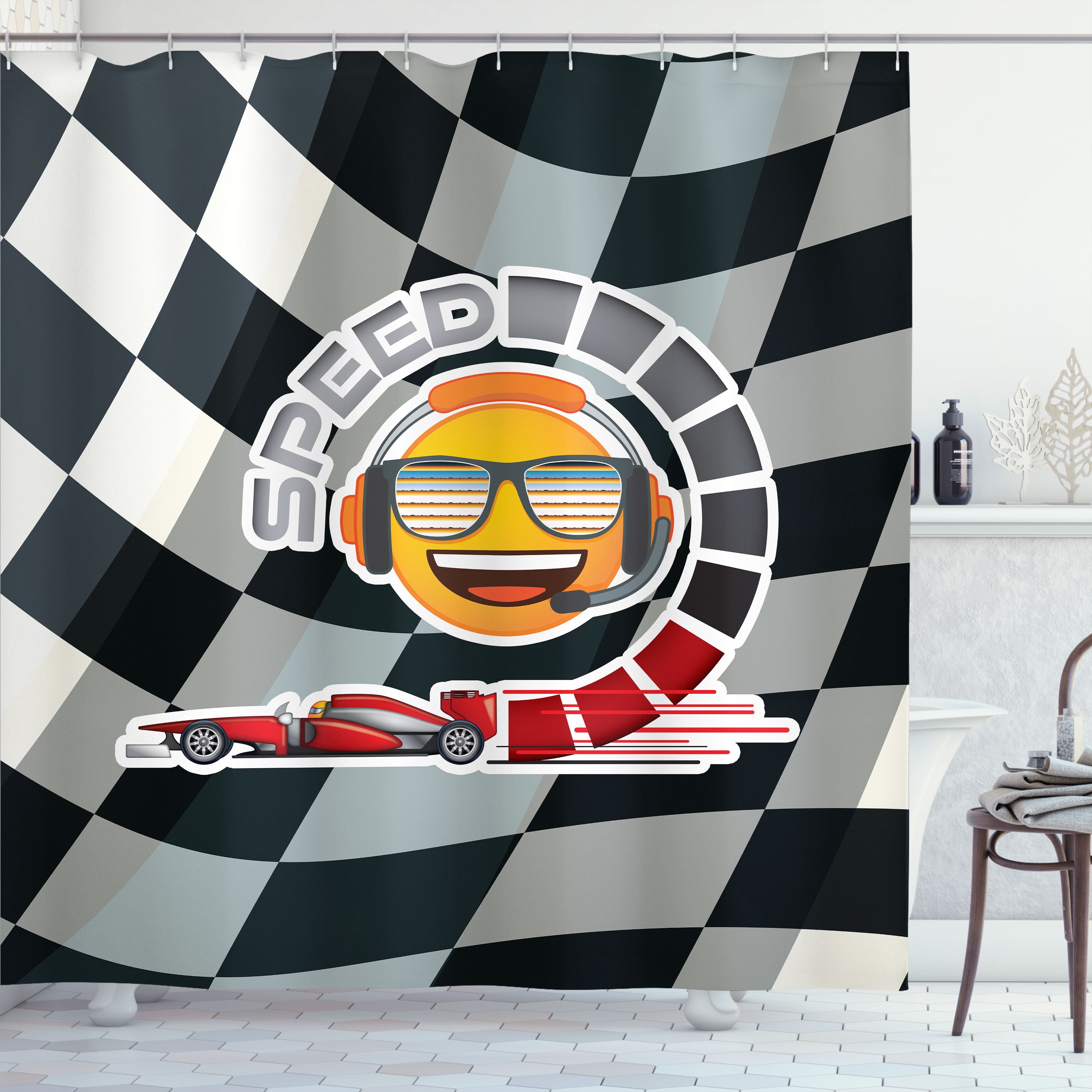 Ambesonne Emoji Shower Curtain, Speed Lettering Car Racer, 69"Wx75"L ...