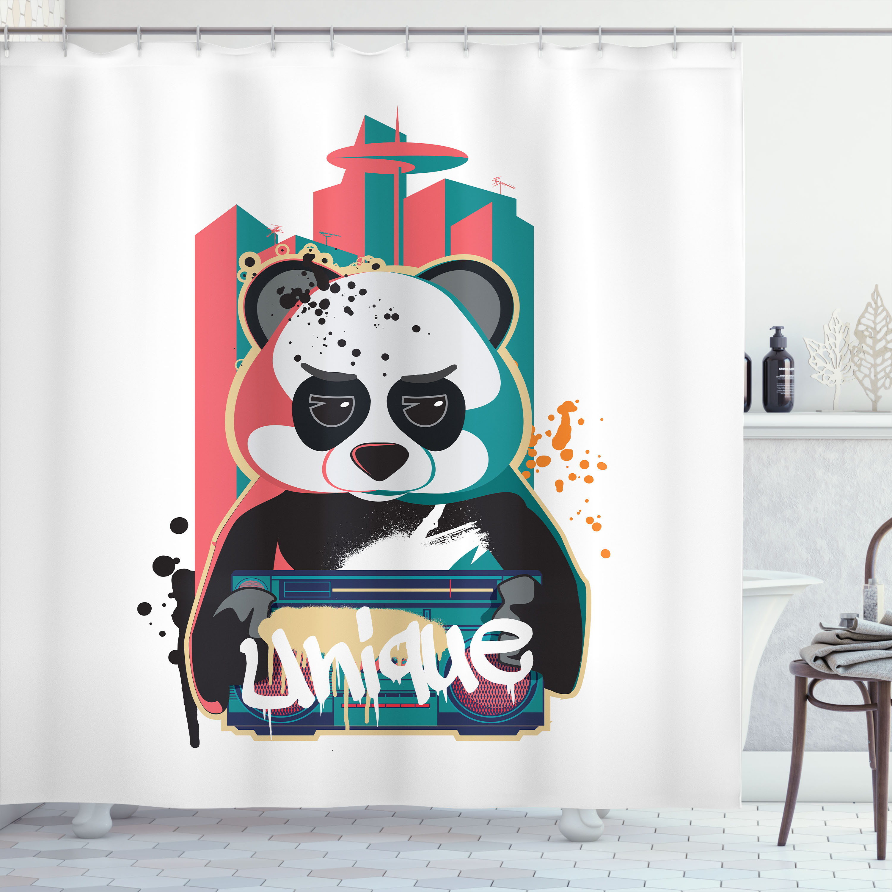 Ambesonne Emoji Shower Curtain, Tough Panda with Retro Stereo, 69"Wx75 ...