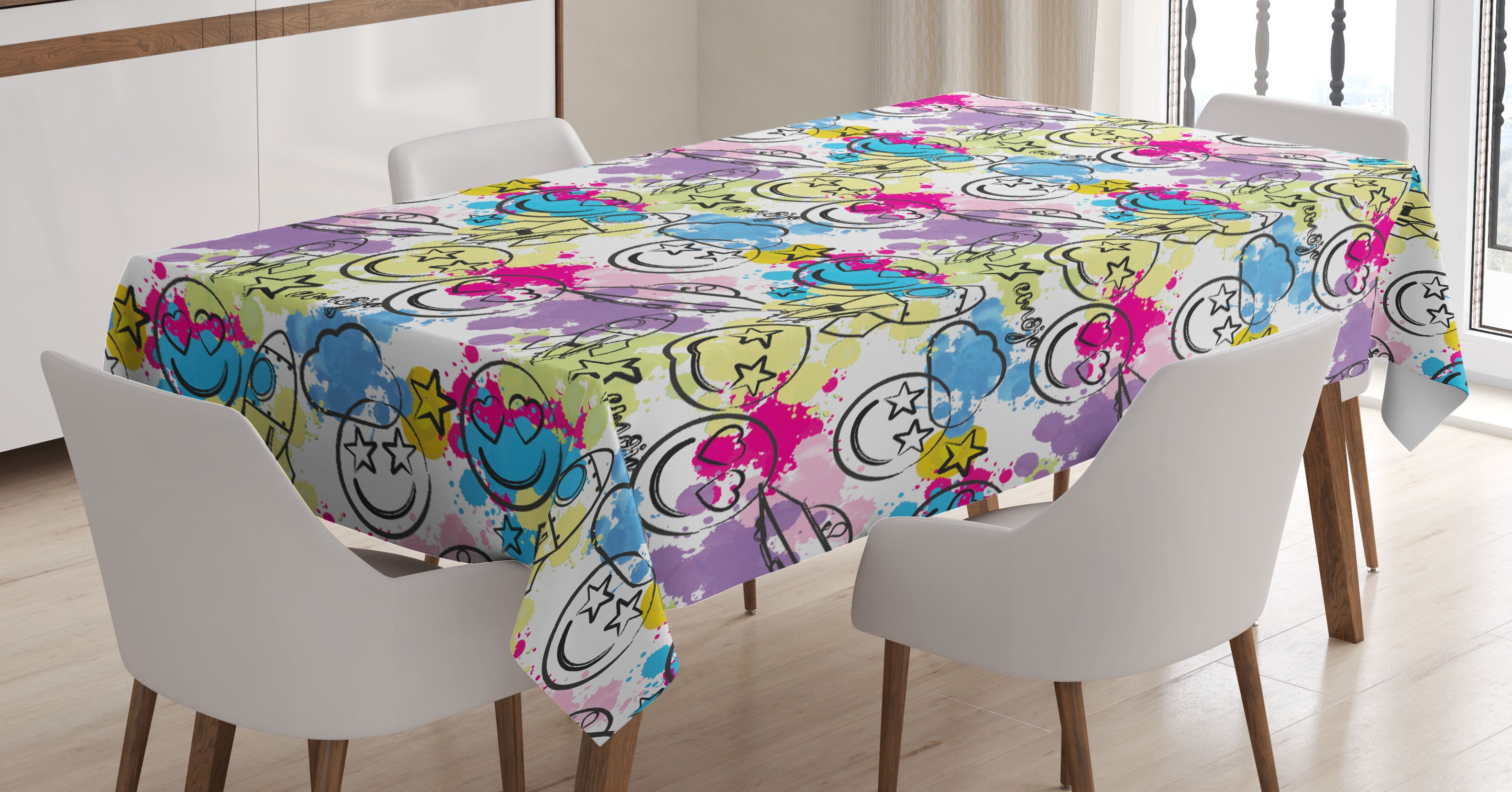 Ambesonne Emoji Tablecloth Rectangular Table Cover, Outline Faces UFOs ...