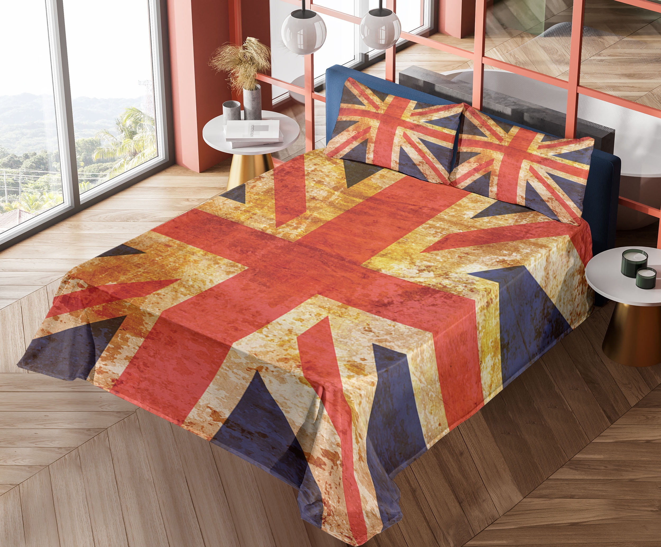 Ambesonne England Fitted & Top Sheet Set with Shams, Union Jack Motif ...