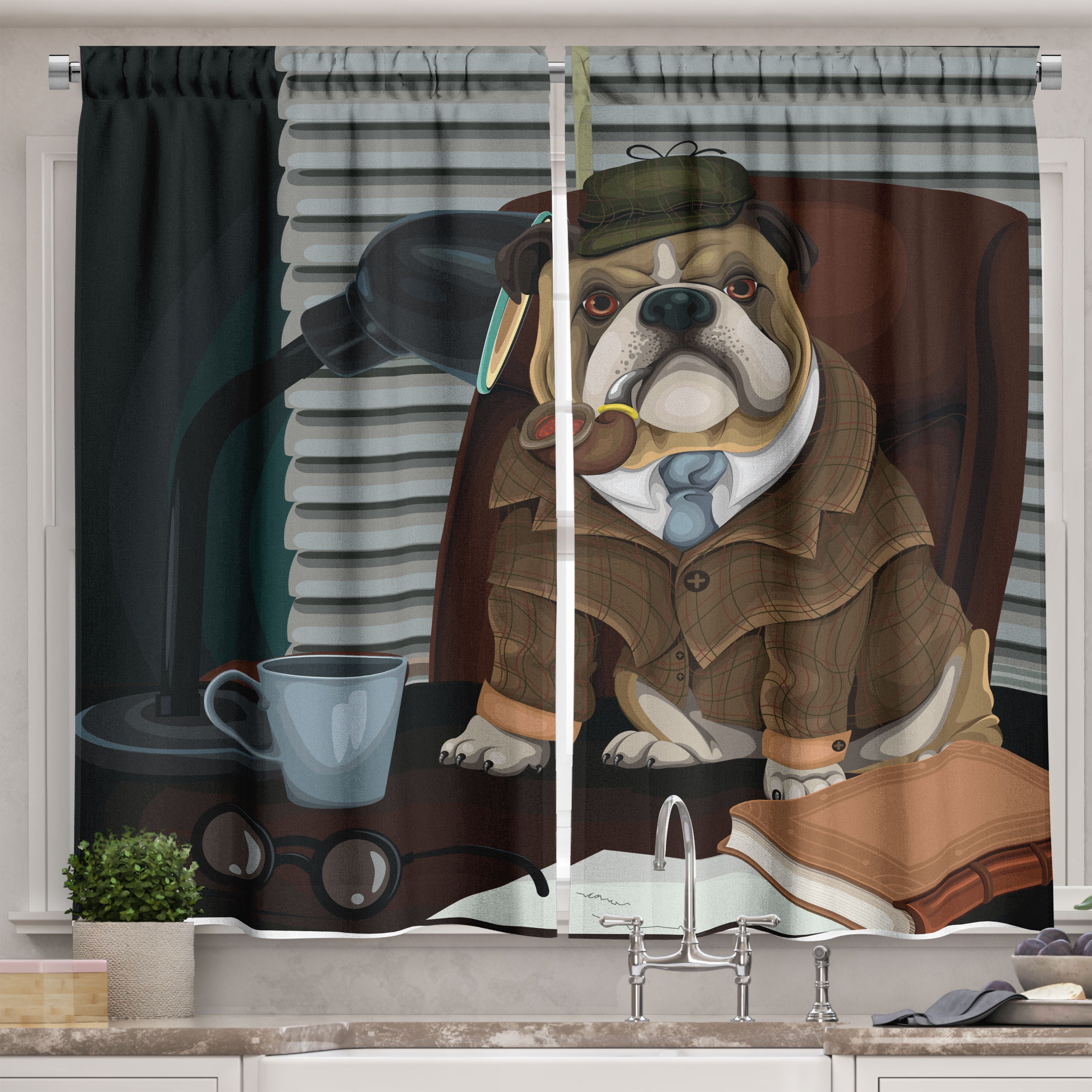 Ambesonne English Bulldog Kitchen Curtains, Detective Dog, 55"x39 ...