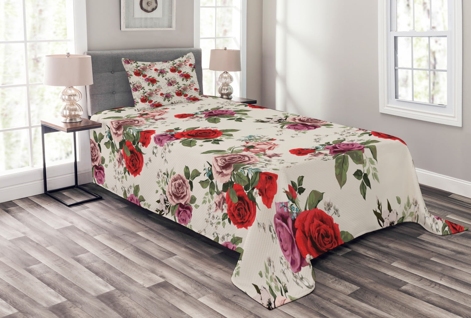 Ambesonne English Garden Quilted Bedspread Set 2 Pcs, Romantic Roses ...