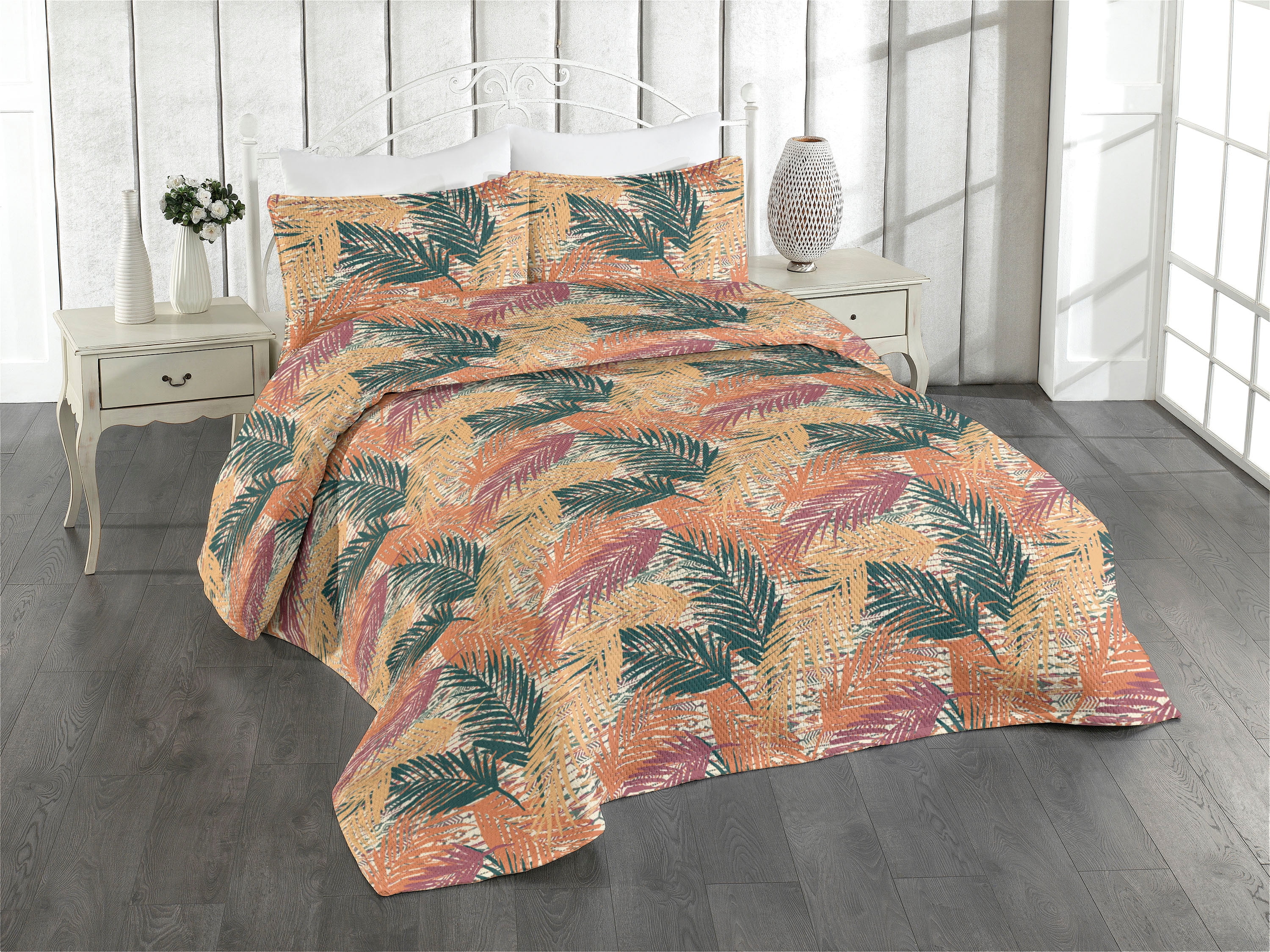 Ambesonne Ethnic Boho Quilted Bedspread Set 3 Pcs, Tropical Leafy Palms ...