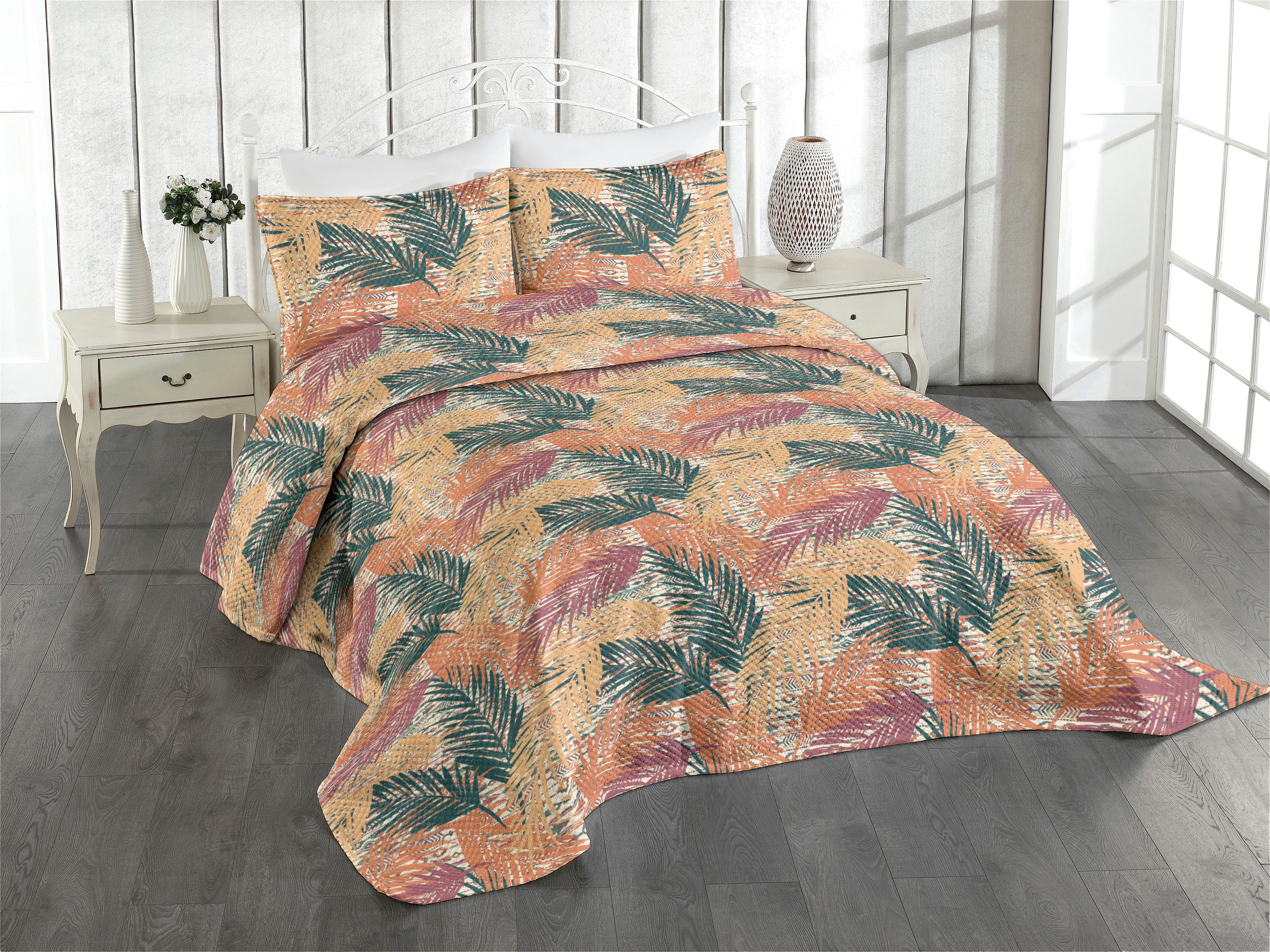 Ambesonne Ethnic Boho Quilted Coverlet 2 Pcs, Tropical Leafy Palms ...