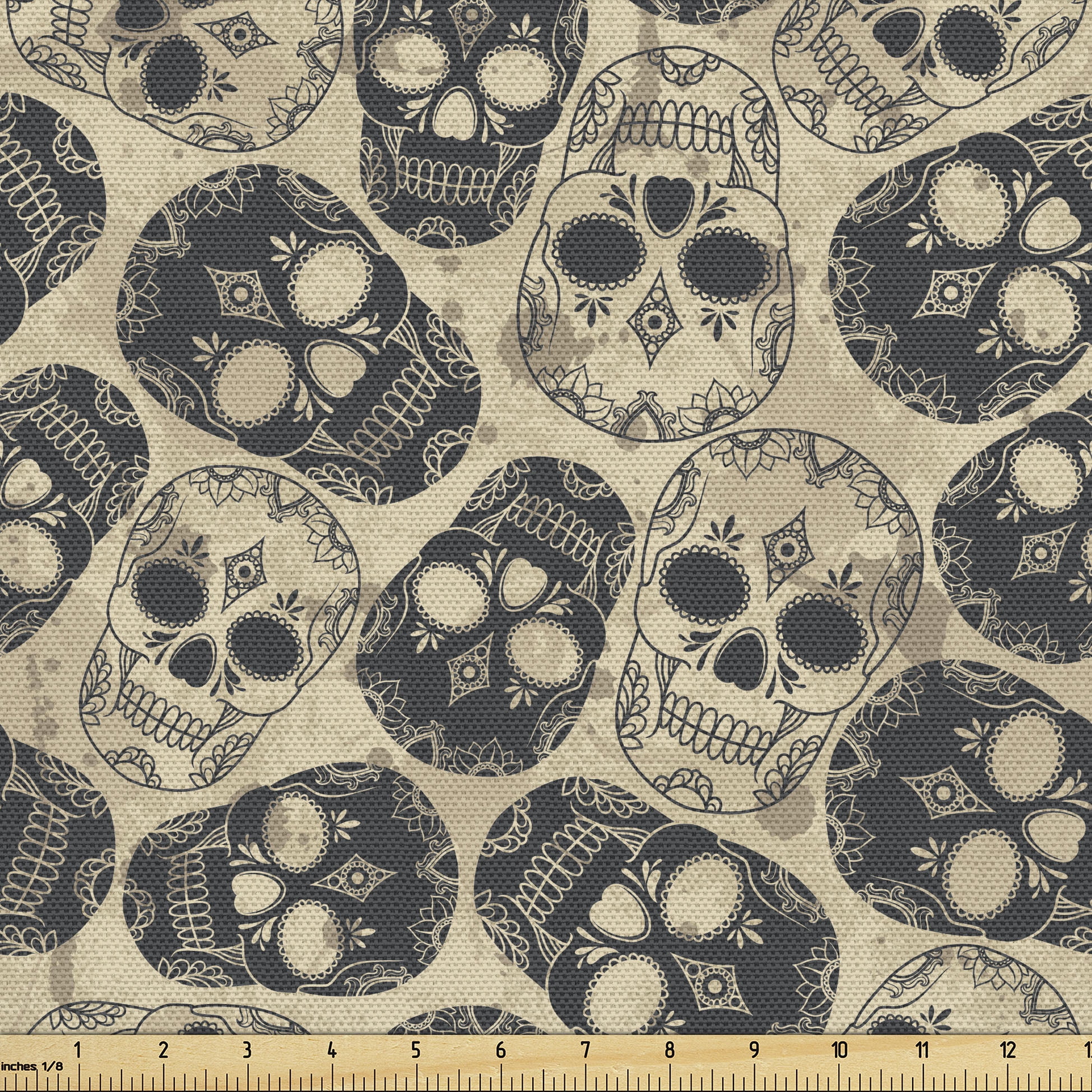 Ambesonne Ethnic Fabric by the Yard Upholstery, Damask Skull Pattern ...