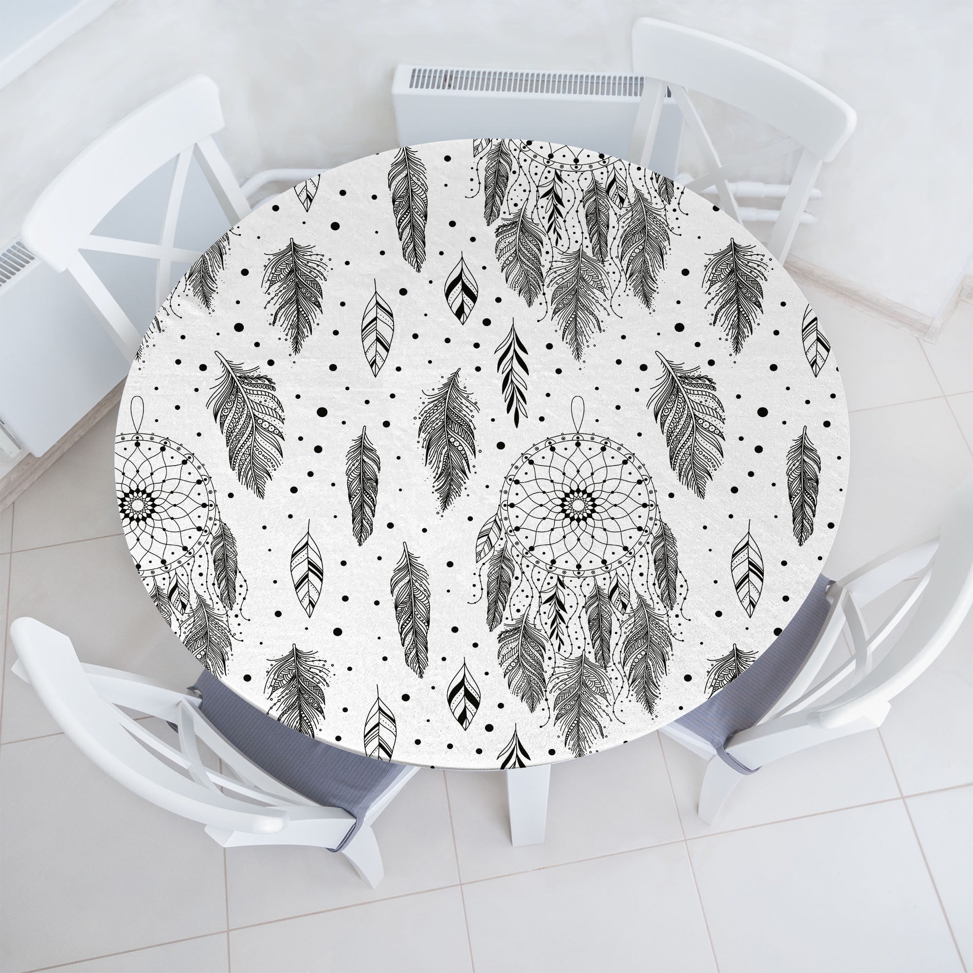 Ambesonne Ethnic Fitted Round Tablecloth, Dream Catchers Feathers Dots ...